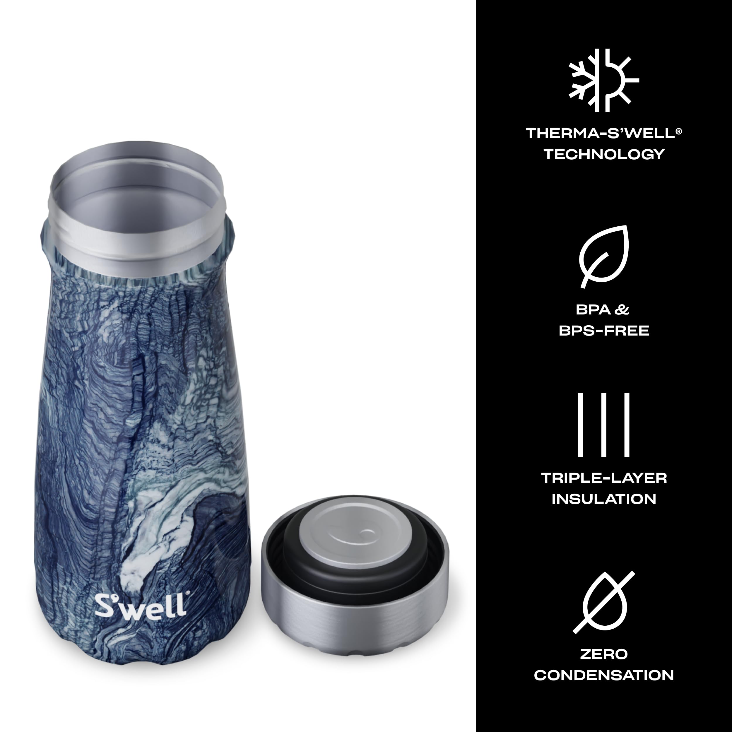 S'well Stainless Steel Traveler, 16oz, Azurite Marble, Triple Layered Vacuum Insulated Containers Keeps Drinks Cold for 24 Hours and Hot for 12, BPA Free, Easy Carrying On the Go