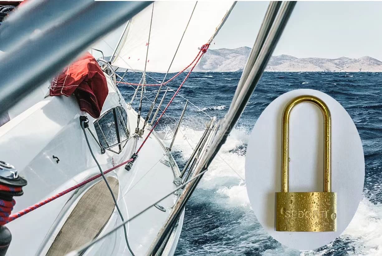 SEDORTI Weather Proof Lock, Solid Brass Padlock with Brass Long Shackle, 1-1/2" Wide, Marine Padlock