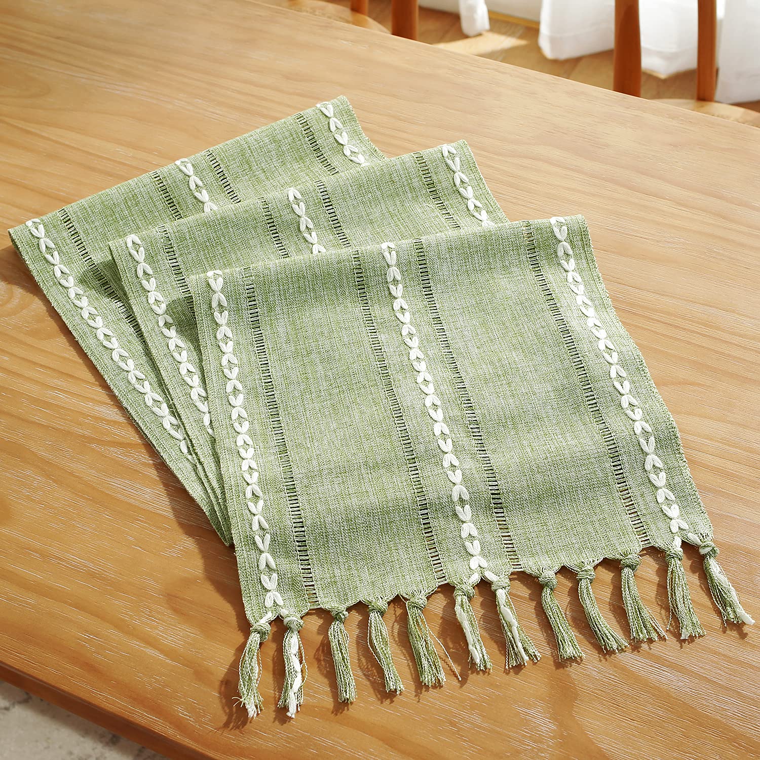 Rustic Farmhouse Style Linen Table Runner, Boho Handmade Tassel Embroidered Small Table Runners 48 Inches Long for Holiday Party, Christmas and Dining Decorations, 13 inchW X 48 inchL - Sage Green