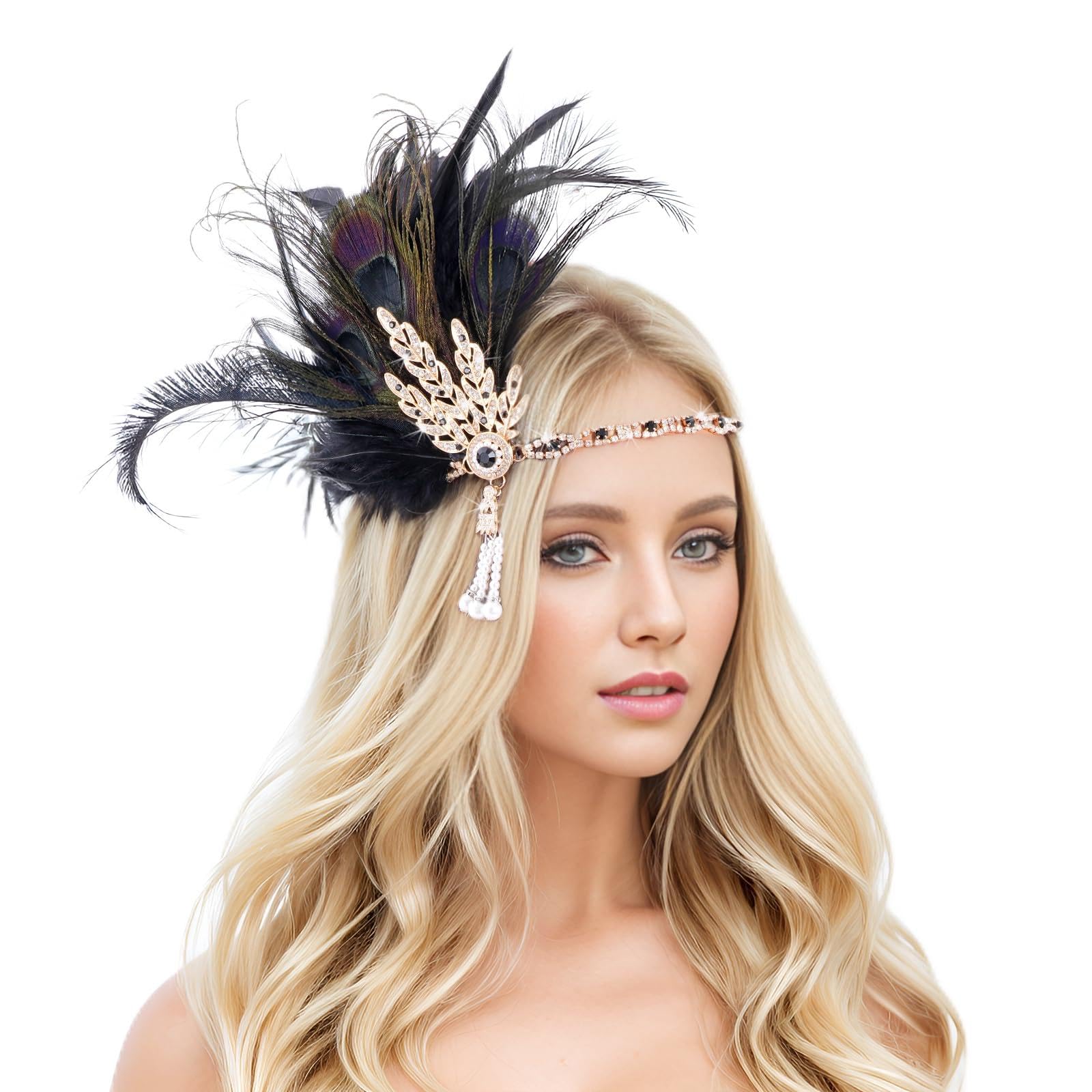 Tongcloud 1920s Flapper Feather Headband Roaring 20s Gatsby Headpiece Women's 1920s Headband Flapper Feather Headpiece (Black)