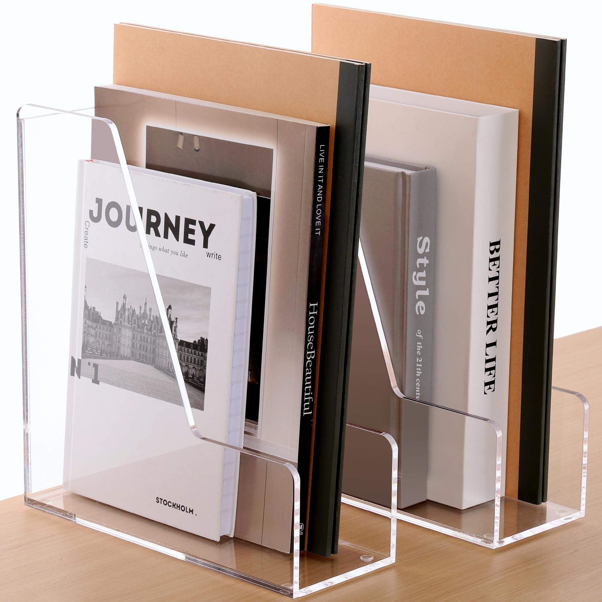 SANRUI Clear Magazine File Holder Vertical File Folder Holder, Acrylic Desk Organizer for File Storage, Book Bin and Office Desk Accessories ,2-Pack Bookshelf for Desk Home Office