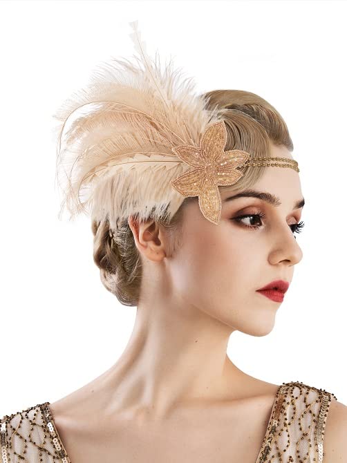 SWEETV 1920s Flapper Headband, Rhinestone Feather Roaring 20s Great Gatsby Headpiece Hair Accessories for Women,Black
