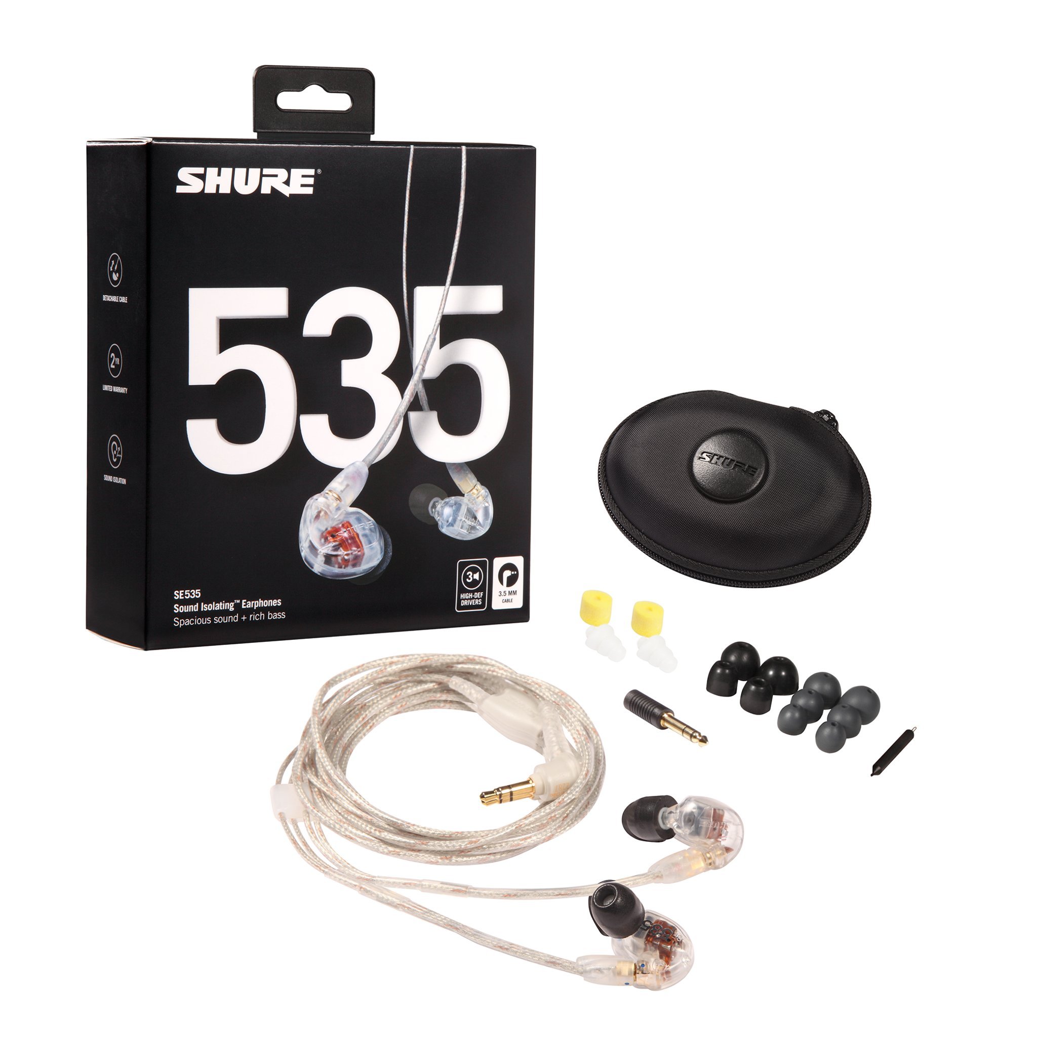 Shure SE535-CL Professional Sound Isolating Earphones - Clear & RMCE-UNI Universal Communication Cable for Detachable SE Sound Isolating Earphones, Black