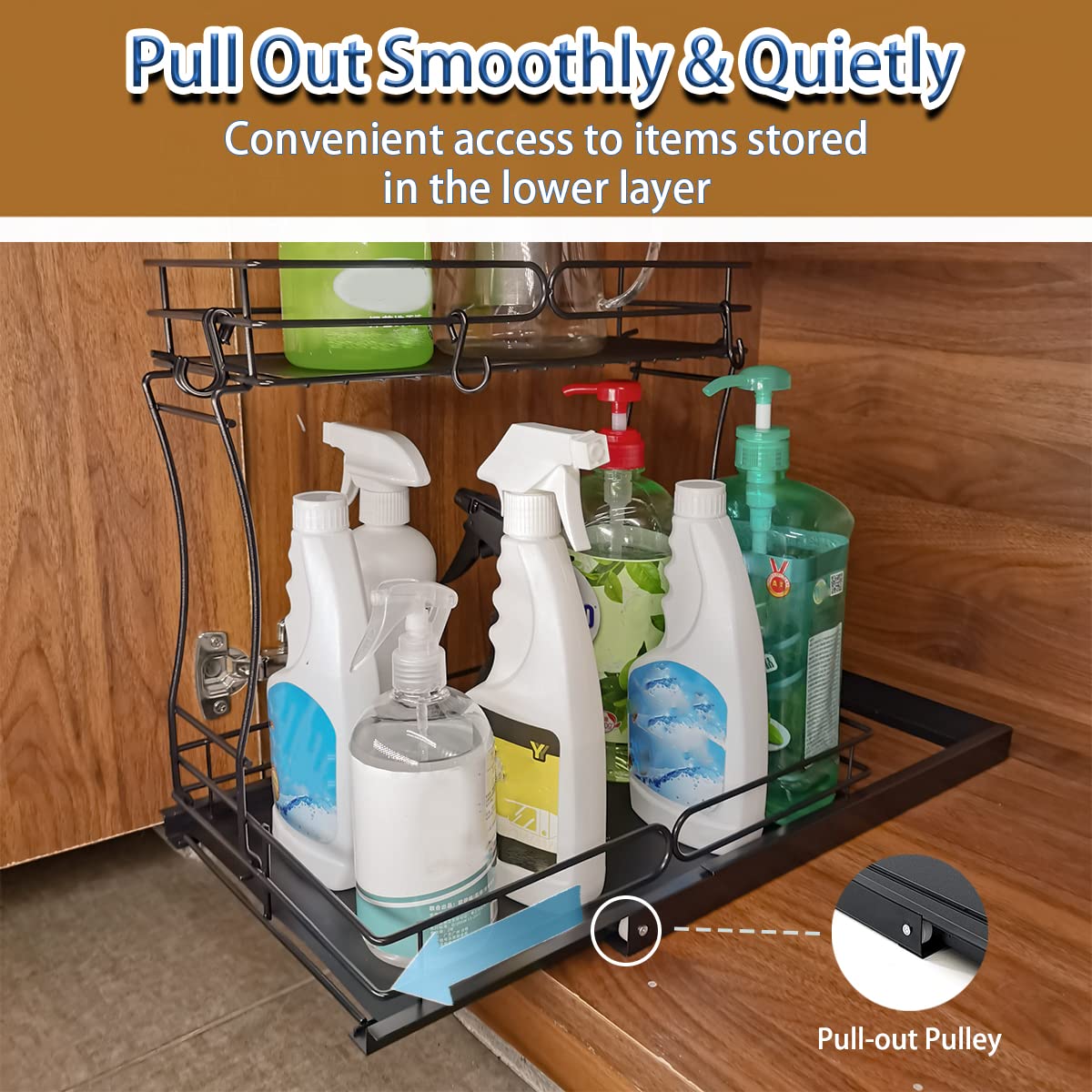 Pull Out Cabinet Organizer 2 Tier Under Sink Slide Out Kitchen Cabinet Storage Shelf Metal Sliding Storage Basket Drawer for Kitchen Bathroom Pantry Cabinet, Request at Least 11 inch Cabinet Opening