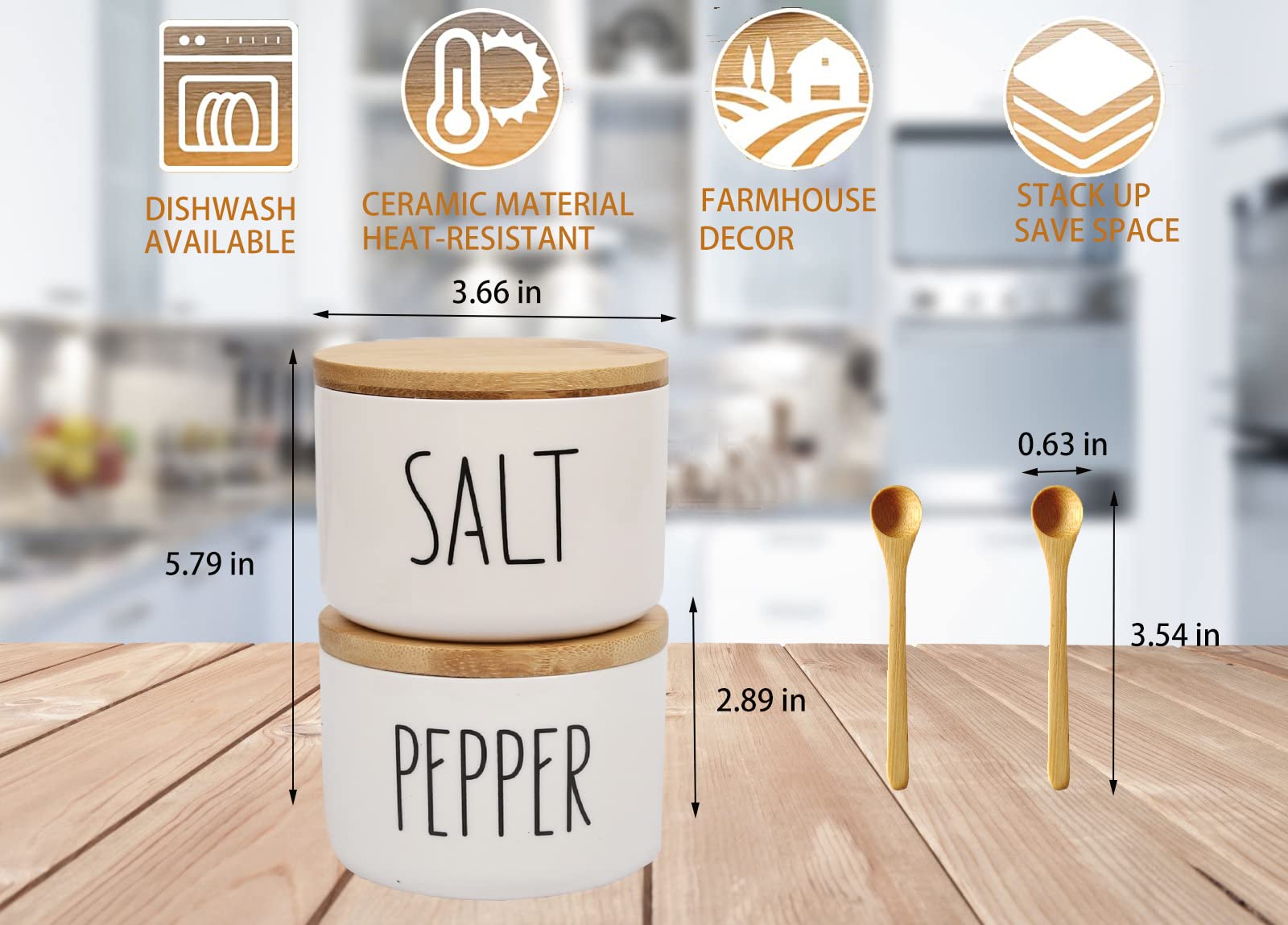 VICUKIE Farmhouse Salt And Pepper Bowls,Stacked Ceramic Salt Cellar With Bamboo Lid, Salt Container With Lid And Spoon, Modern Farmhouse Kitchen Decor, Salt Box, Spice Box (WHITE AND WHITE)