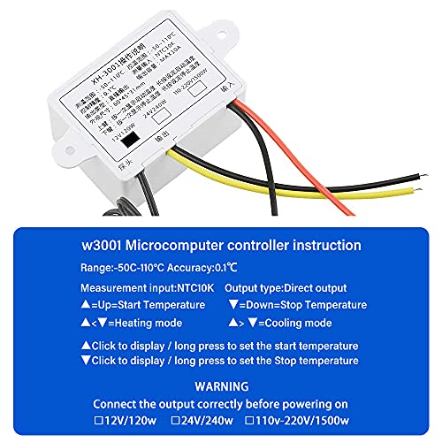XINGYHENG XH-W3001 DC 12V 10A Microcomputer Digital Temperature Controller Digital Display Thermostat Control Switch and NTC 10K Thermistor Sensors Digital Temperature Probe (12V 120W)