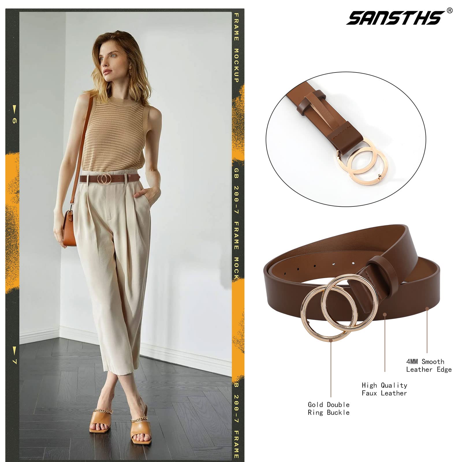 SANSTHS 2 Pack Womens Faux Leather Jeans Belt with Double O Ring Buckle (Black & Coffee, XS)