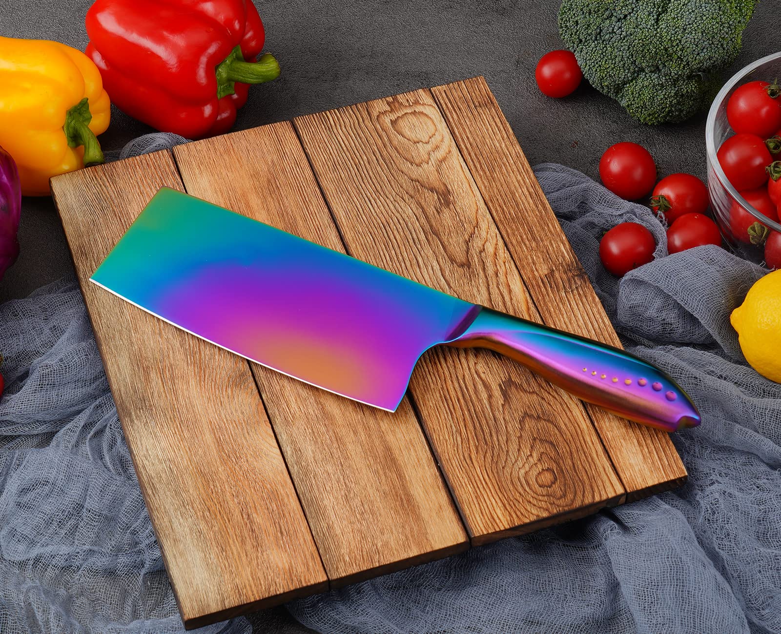 WELLSTAR Rainbow Meat Cleaver, 7 inch Iridescent Chinese Meat Vegetable Butcher Knife, Super Sharp German High Carbon Stainless Steel Chef’s Kitchen Knife with Ergonomic Handle for Home Restaurant