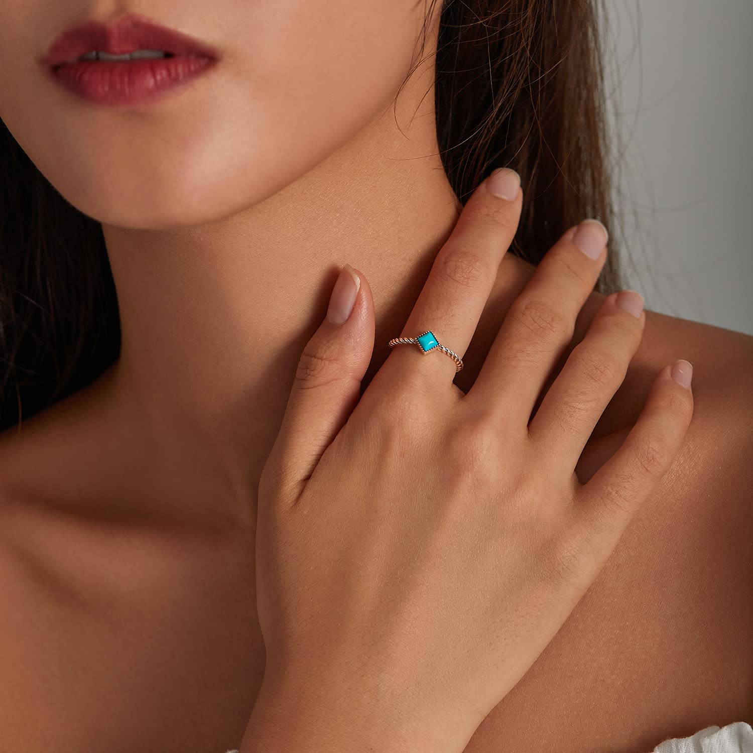 Qings Turquoise Ring Adjustable Open - Sterling Silver Stackable Statement Ring Blue Square Gemstone Twisted Rope Ring Vintage Boho Women Fashion Ring Western Wedding Jewelry Gifts