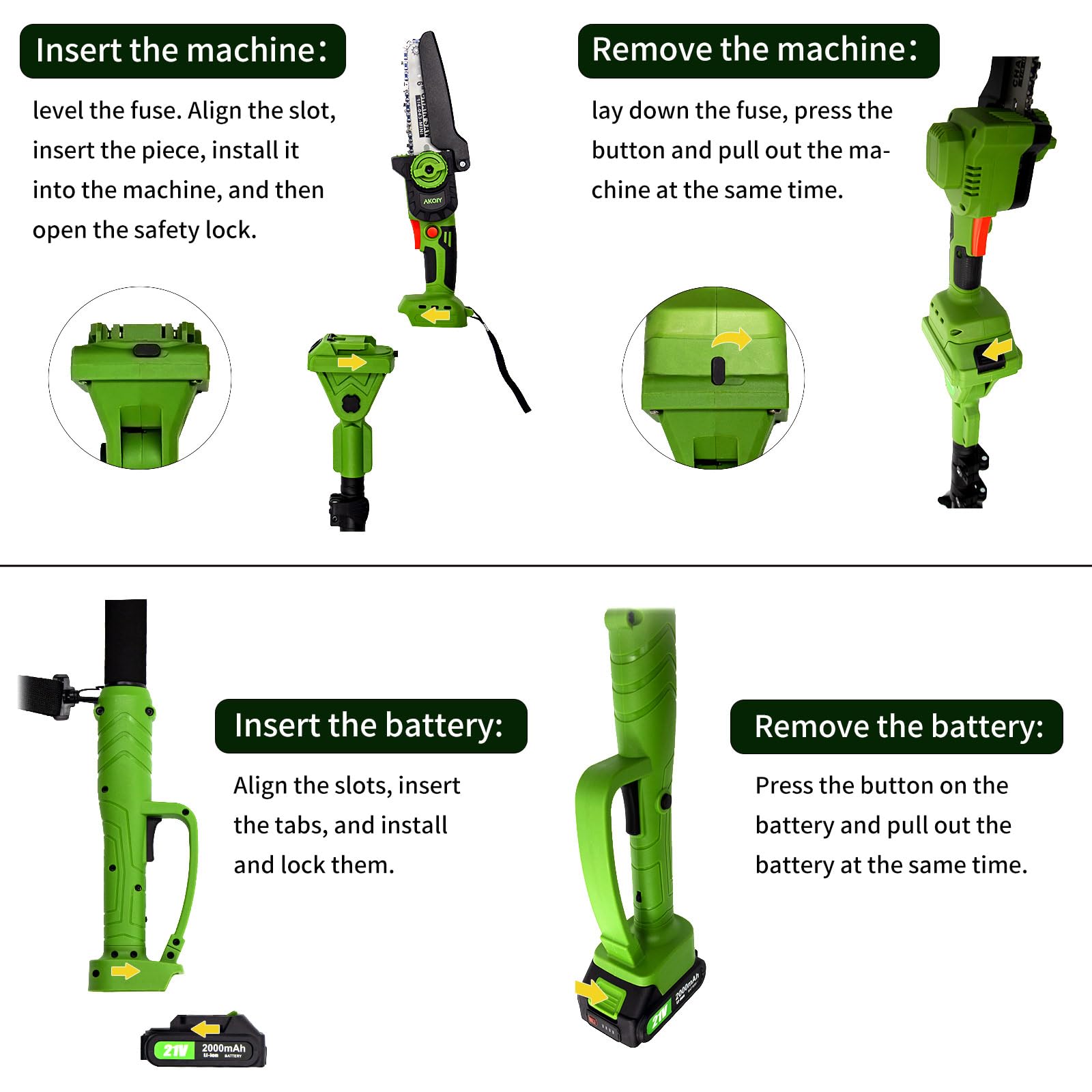 Mini Chainsaw Cordless Pole Saw,Multi-Function Electric Chainsaw Extension Pole, Extendable up to 8.2ft, with Anti-Slip Handle and Shoulder Strap for AKQIY Mini Chainsaw