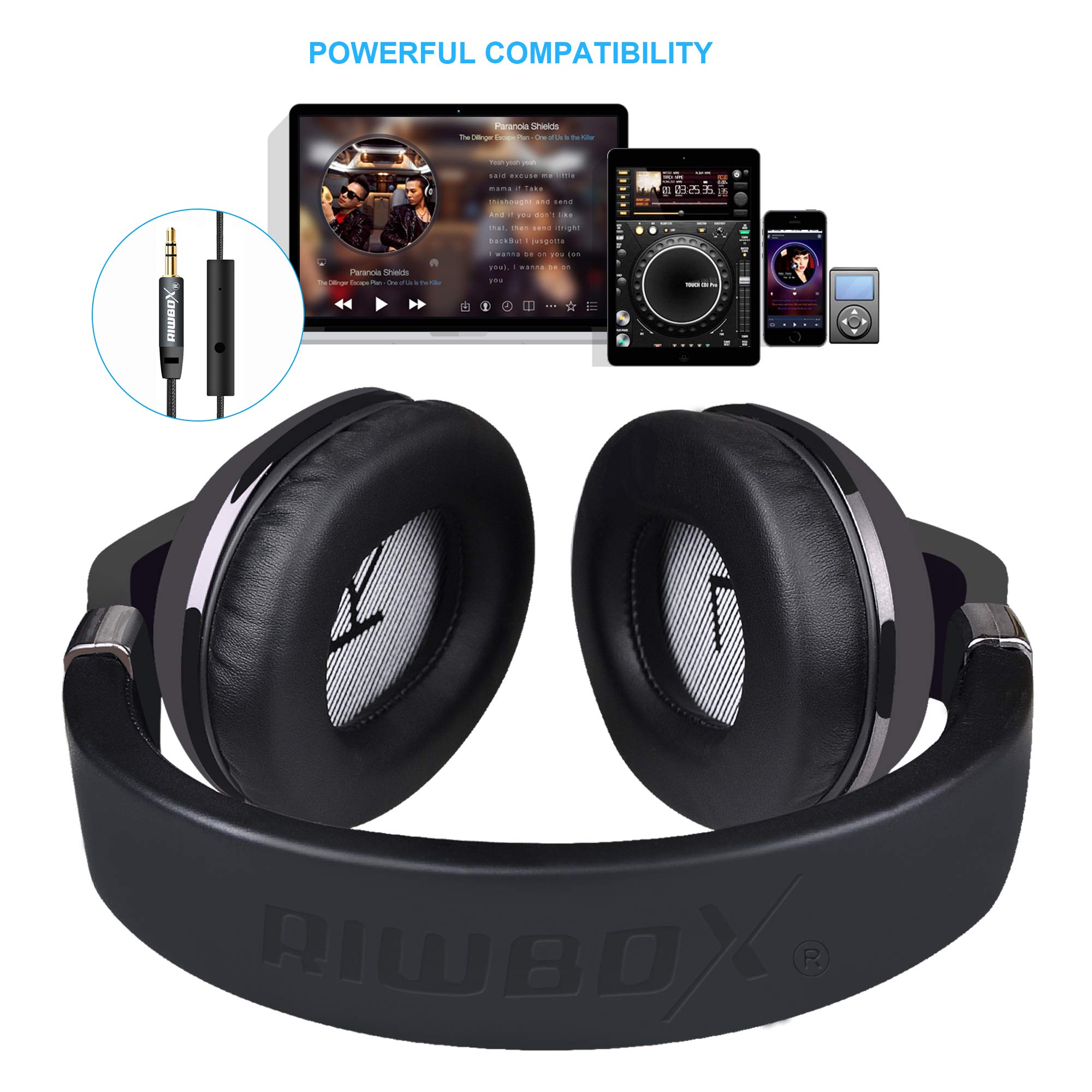 Riwbox XBT-780 Bluetooth Headphones Over Ear, Hi-Fi Stereo Wireless/Wired Headset with Built-in Microphone for Online Class, Home Office, PC/Cell Phones/TV (Black)