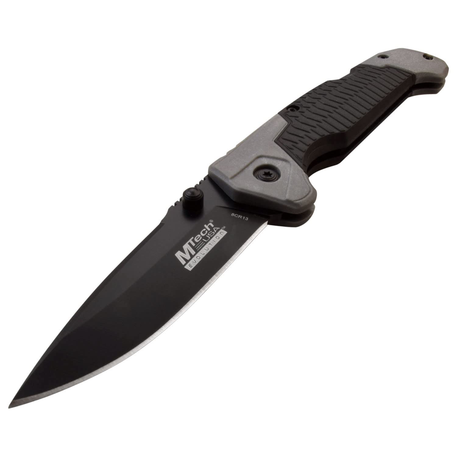 MTech Evolution - Tactical Folding Pocket Knife - Black Drop Point Blade with Black and Gray Nylon and Rubber Handle with Pocket Clip