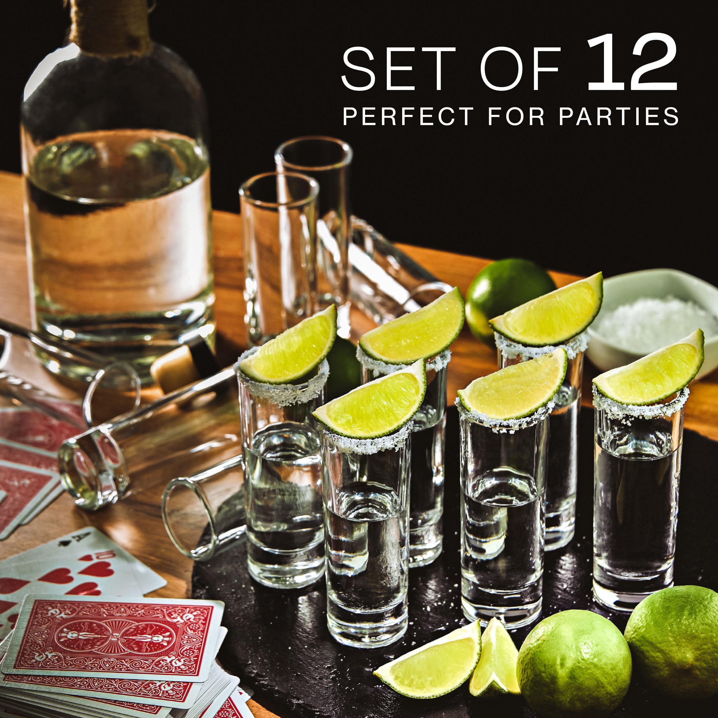 Shot Glasses - Set of 12 - Tall Clear Glass 1.7 oz - Dishwasher Safe - Sturdy with a Heavy Base - Shot Glasses for Every Party