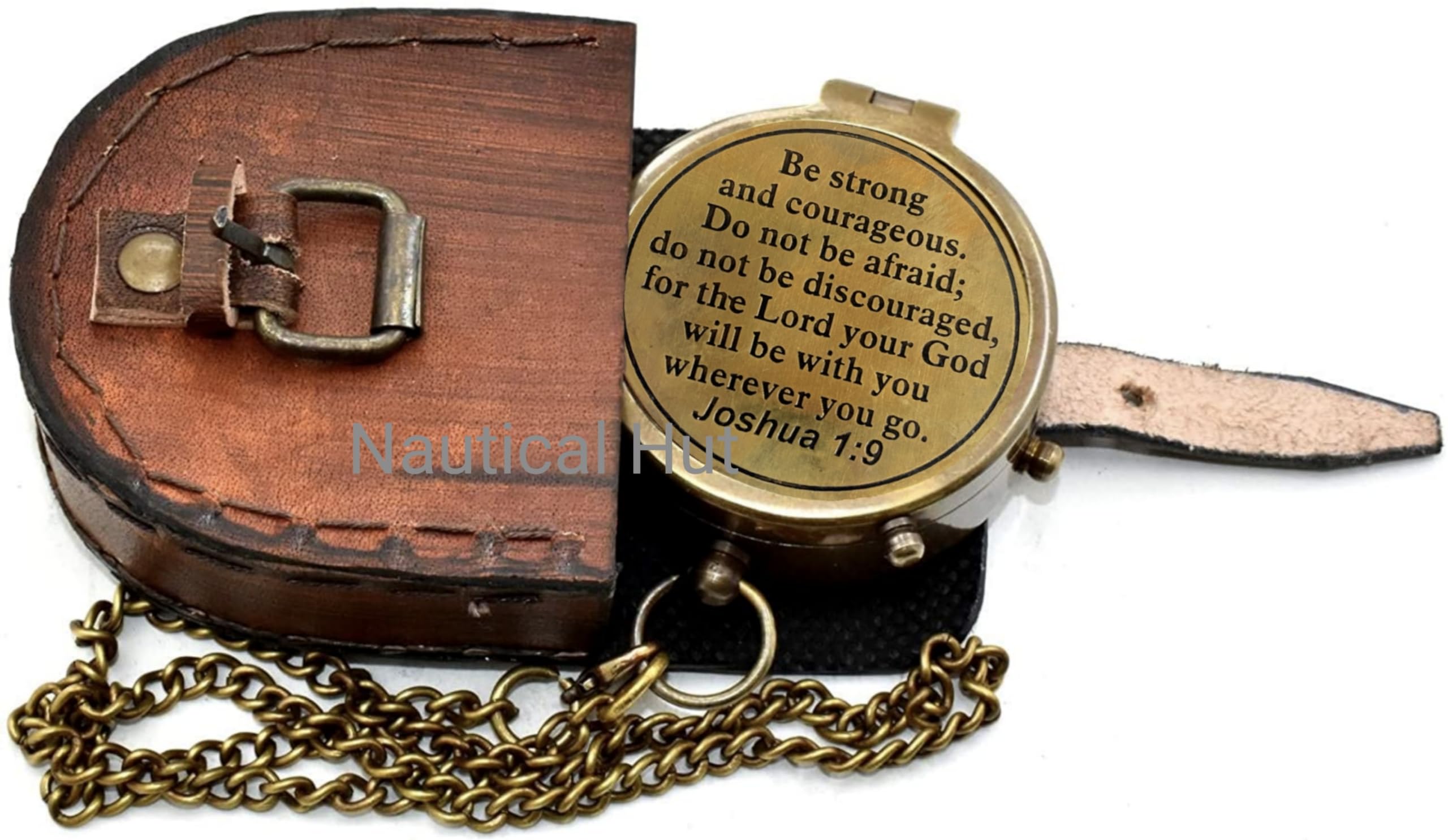 Nautical Hut Compass Your Tommy Your Tubbo Brass Pocket Compass with Leather Carry Case, Compass with Chain, Pirates Compass, Engravable Gift Compass, Camping Compass
