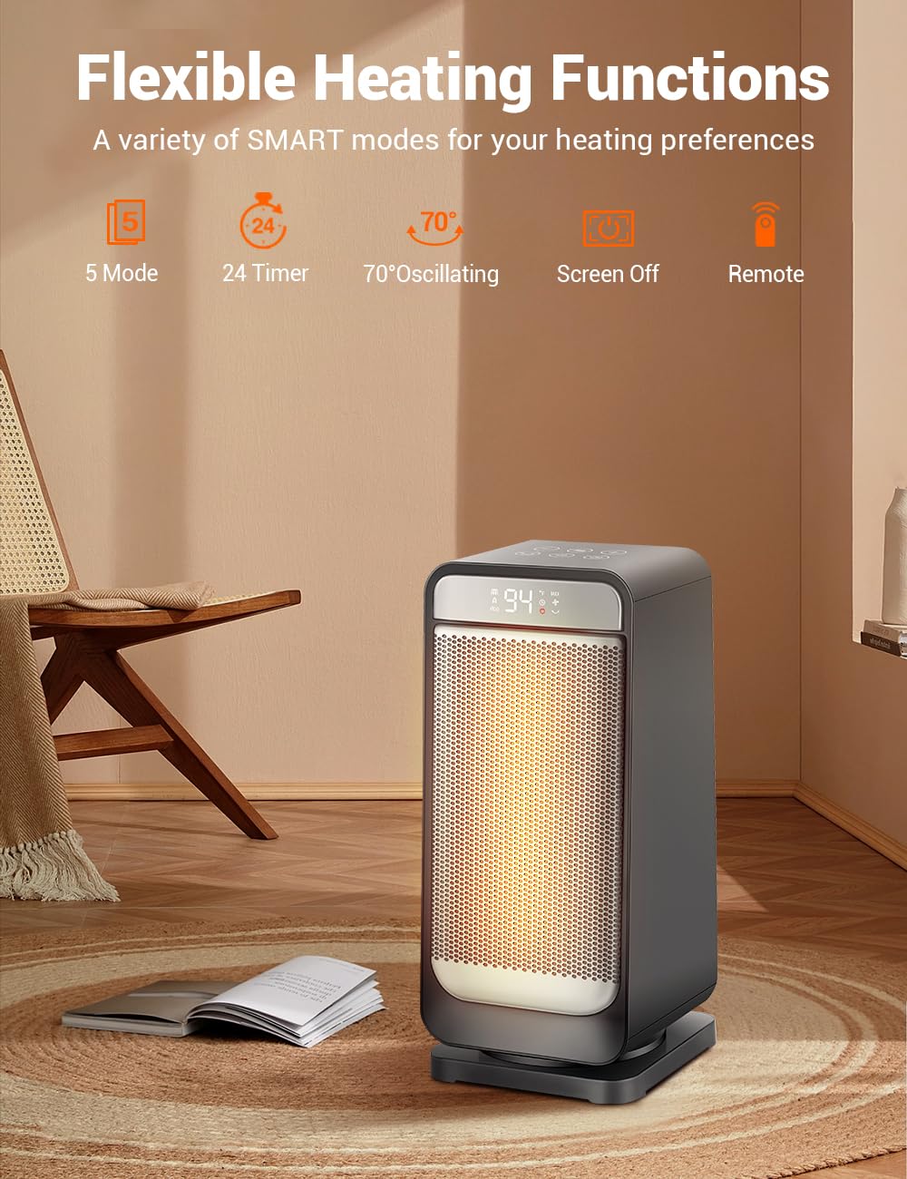 Wind Talk Space Heaters for Indoor Use, 1500W Ceramic Electric Heater, Portable Heater with Thermostat, Oscillating Room Tower Heater Safety for Office Bedroom Use with 4 Modes, 24h Timer, LED Display