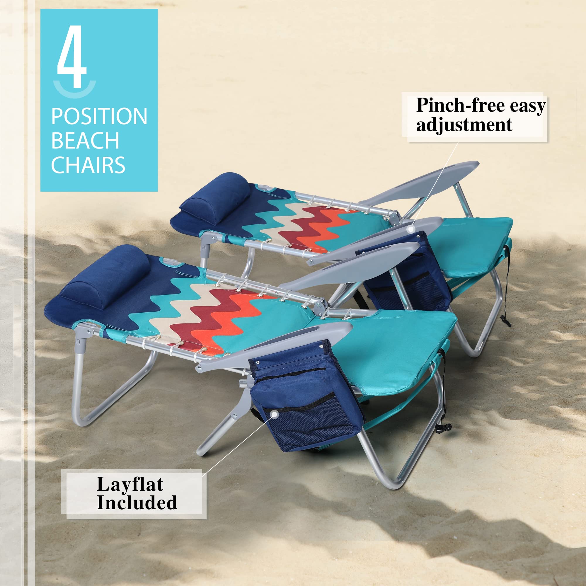 Sophia & William 4-Position Backpack Folding Beach Chair with Cooler Bag, (2-Pack) Lightweight Beach Cahir with Towel Bar, Supports 250 LBS