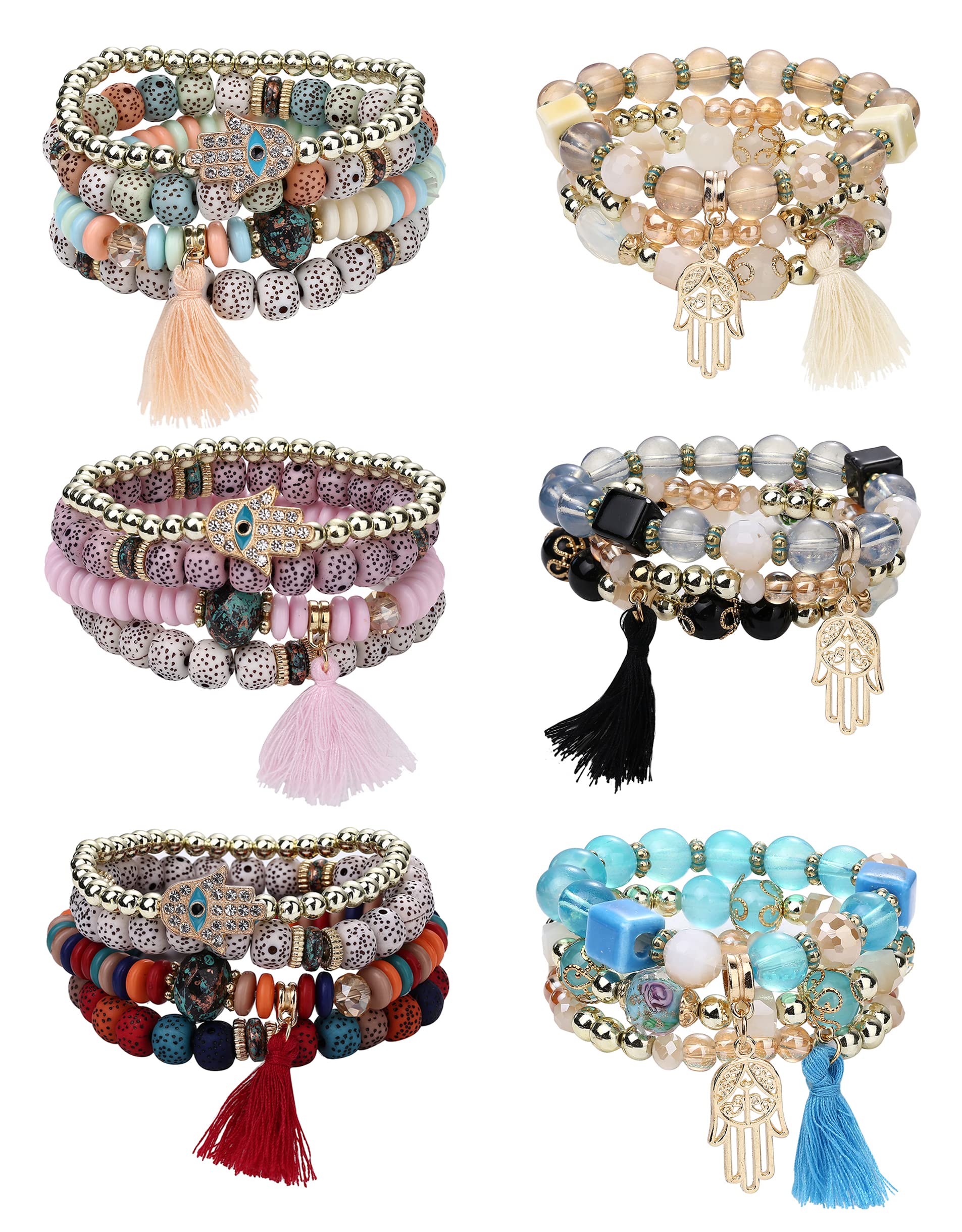 Sanfenly 6 Sets Bohemian Beaded Bracelets for Women Stretch Stackable Bracelet Set Multilayer Colorful Charms Boho Jewelry