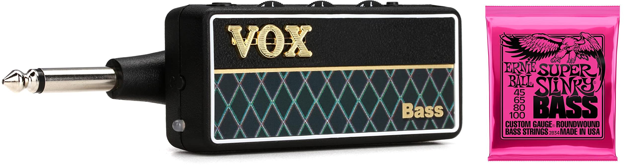 Vox amPlug 2 Bass Headphone Guitar Amp Bundle with 2834 Super Slinky Nickel Wound Electric Bass Guitar Strings - .045-.100