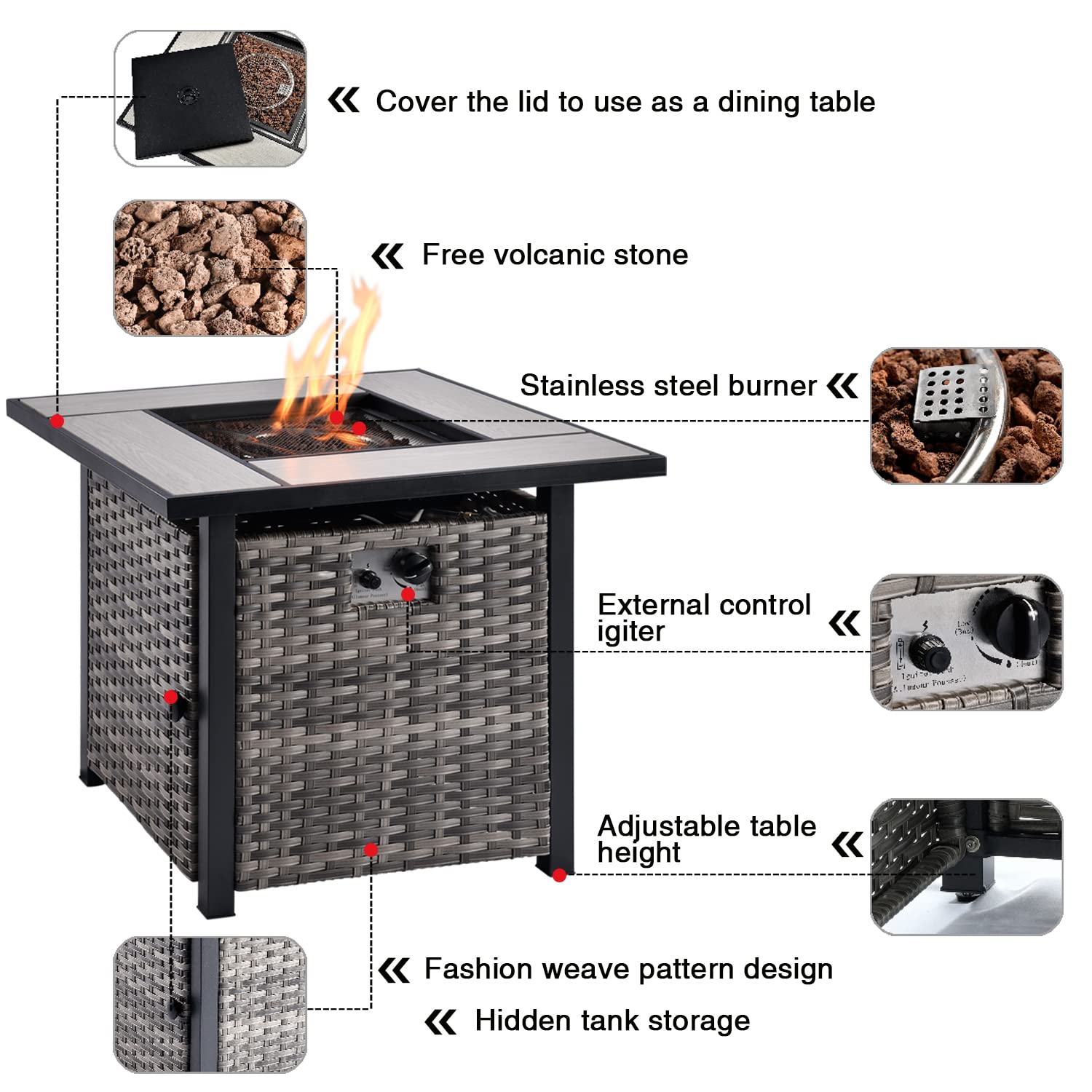XIZZI 30 Inch Gas Fire Pit Table,50,000 BTU Stainless Steel Fire Table with Lid and Volcanic Rock, All Weather Wicker Outdoor Square Propane Fire Pits for Outside,30 * 30 * 25 Inches Grey Wicker