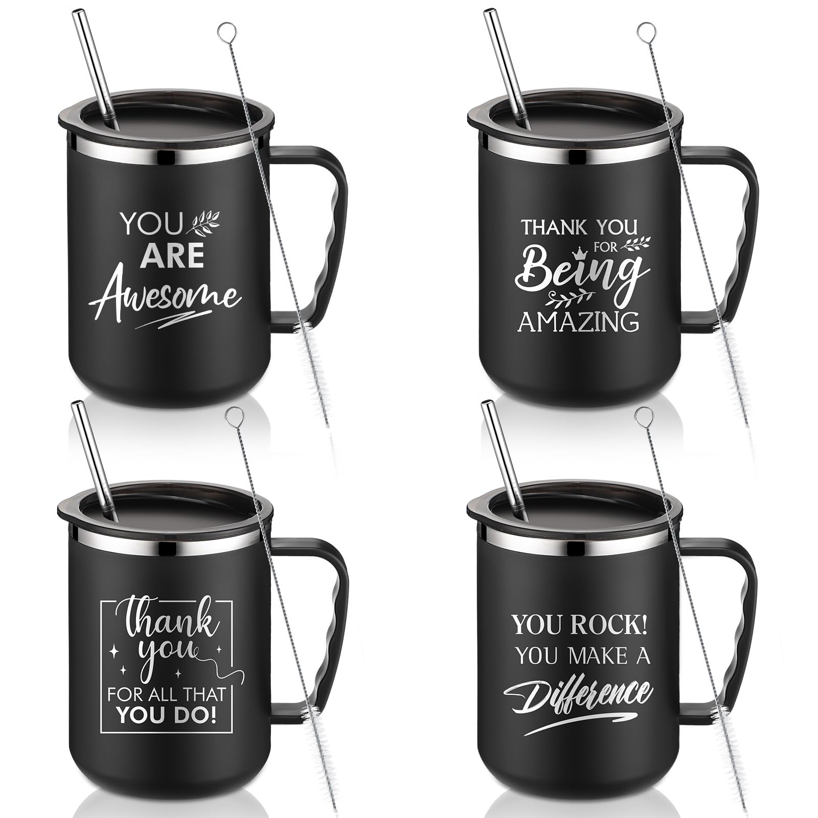 Sumind 6 Pcs Thank You Employee Appreciation Gifts Bulk 17 oz Inspirational Stainless Steel Coffee Mugs with Handle Lid Straw for Staff Employee Coworker Teacher Gifts(Black, 4 Pcs)