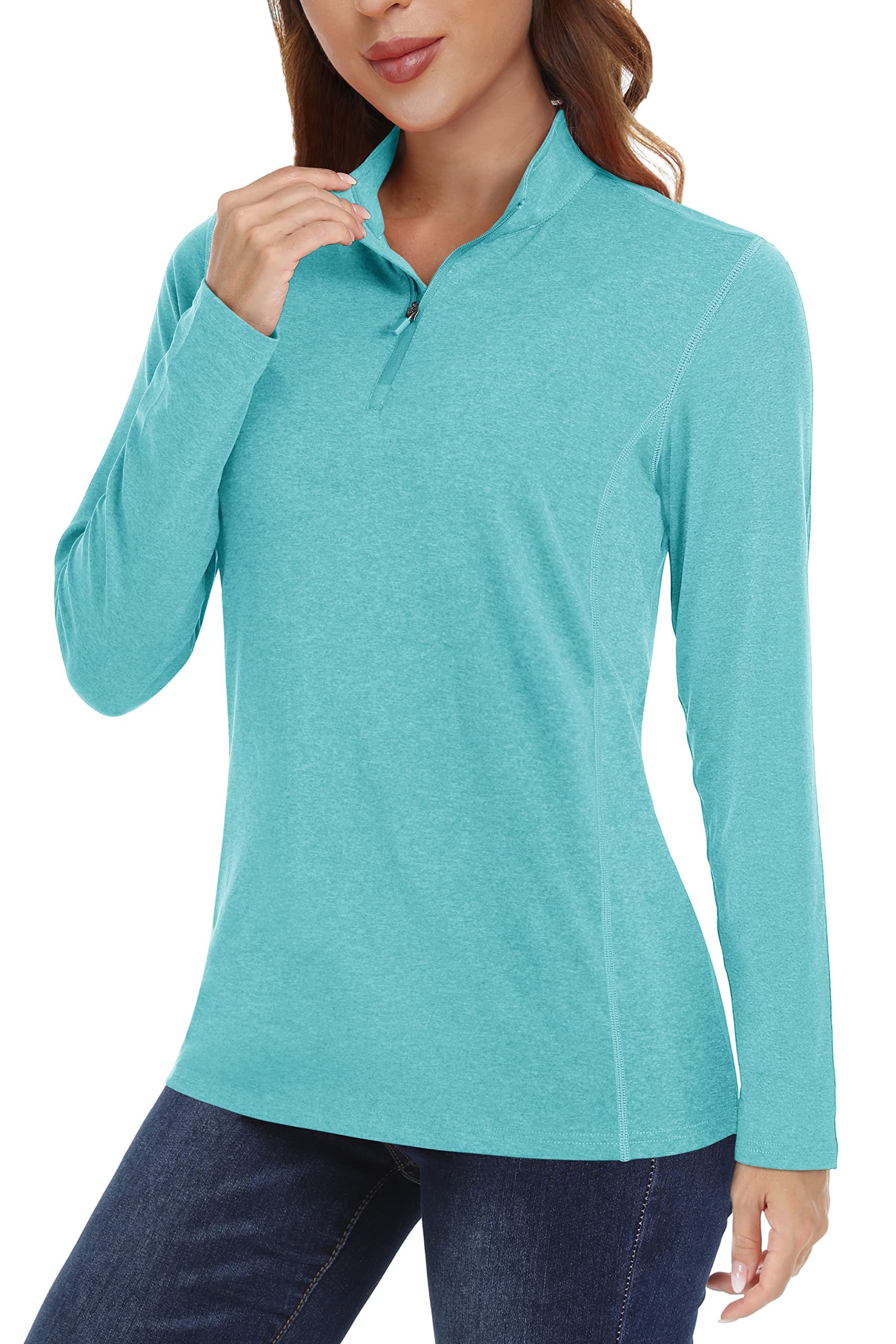 TACVASEN 1/4 Zip Tops for Women UPF 50+ Shirts Sun Protection Long Sleeve Breathable Workout Shirt, Light Green, L