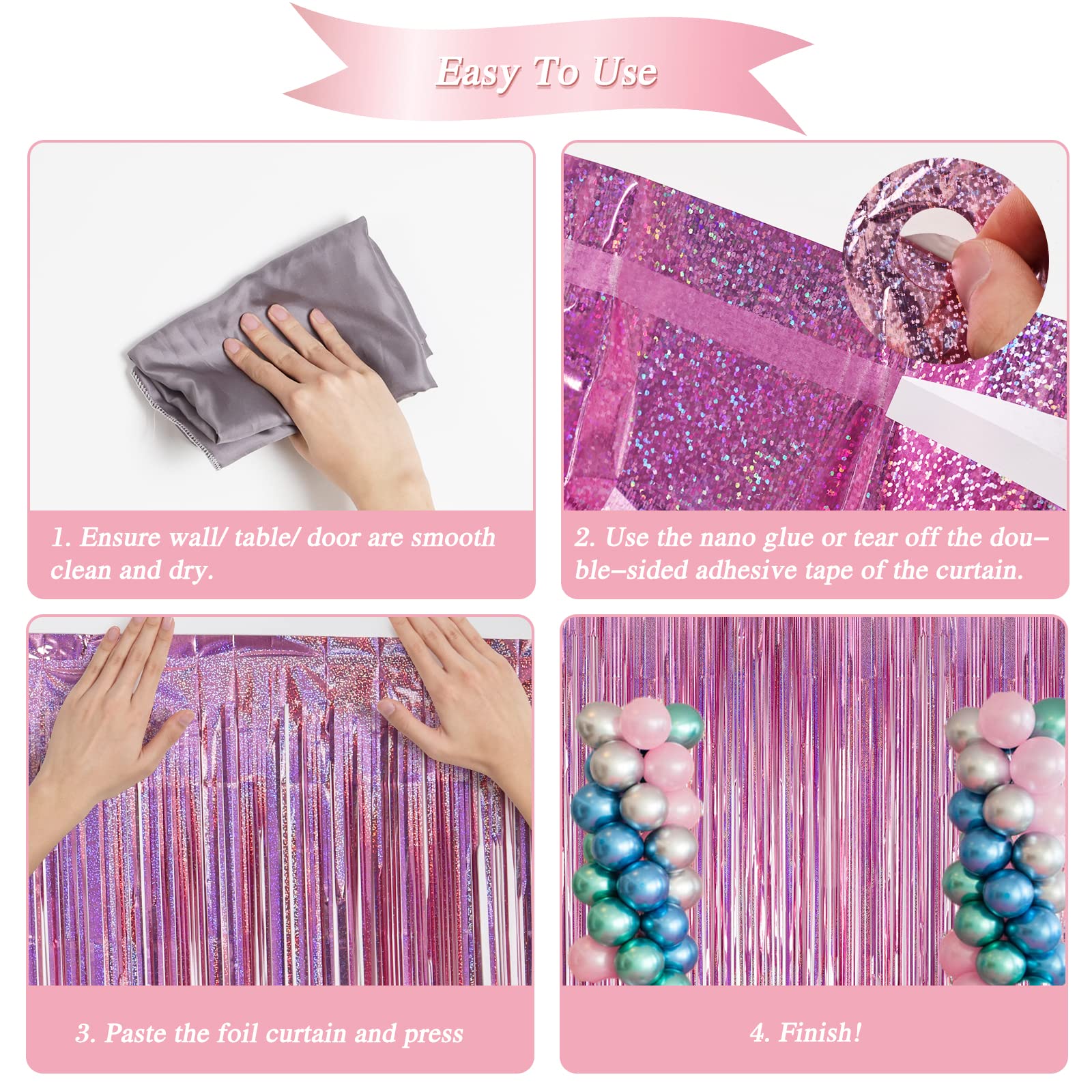 RUBFAC Pink Tinsel Backdrop for Pink Party Decorations, Pink Foil Fringe Curtain, 6.4x8 Feet, Pack of 2, Pink Streamers Decorations for Princess Birthday Bachelorette Wedding