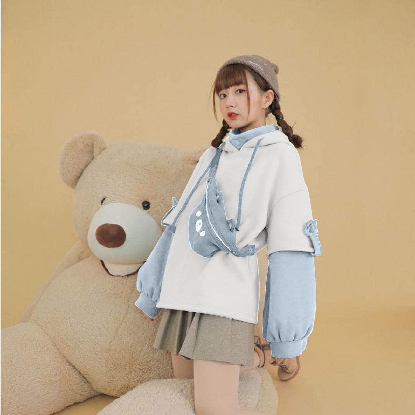 Mimacoo Cute Bear Hoodies for Teen Girls Brown Sweatshirt Long Sleeve Shirts Oversized Pullover with Personality Bag
