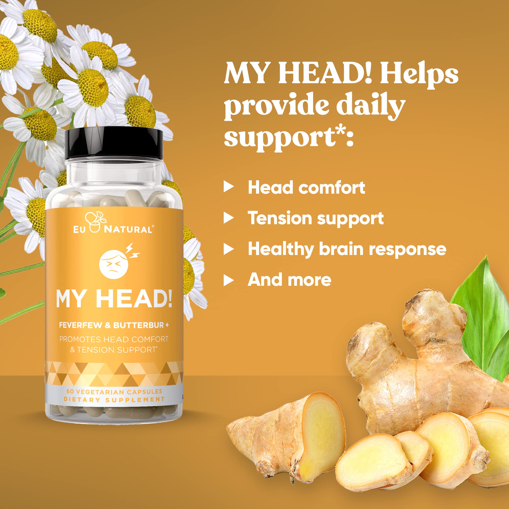 My Head! Headache Vitamins β Sensitivity, Tension, Comfort, Healthy Head Function for A Clear Mind β Fast acting Magnesium, Butterbur, Feverfew, Boswellia, Vitamin D, Ginger, & More β 60 Soft Capsules