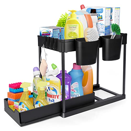 OZD Under Sink Organizer, 2 Tier Bathroom Organizer Under Sink with Sliding Drawer, Under Cabinet Organizer Baskets with Hooks, Hanging Cups, Dividers, Storage Shelf for Bathroom Kitchen