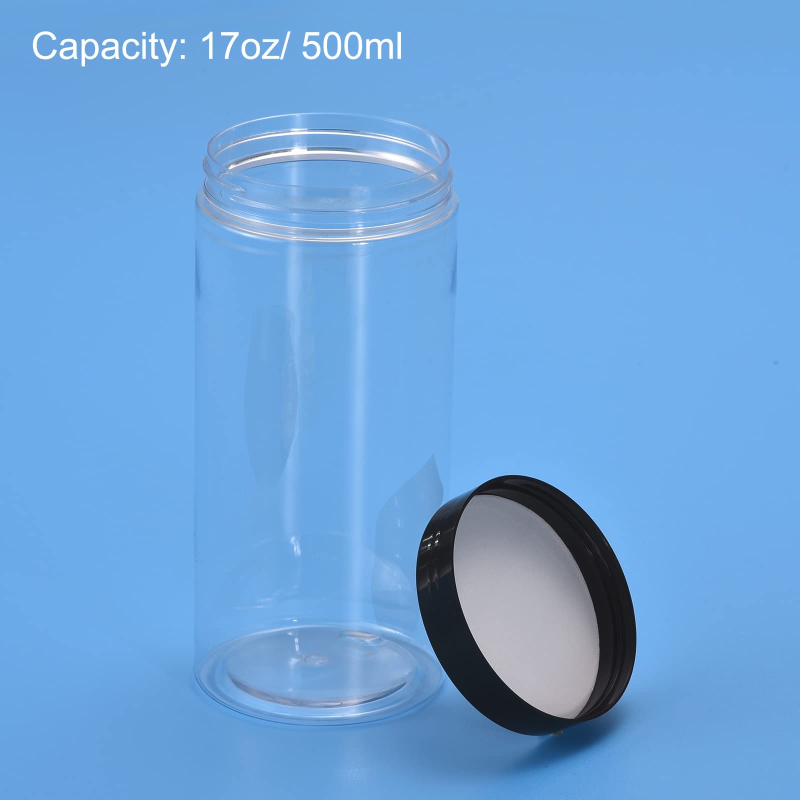 uxcell Round Plastic Jars with Black Screw Top Lid, 17oz/ 500ml Wide-mouth Clear Empty Containers for Storage, Organizing, 4Pcs