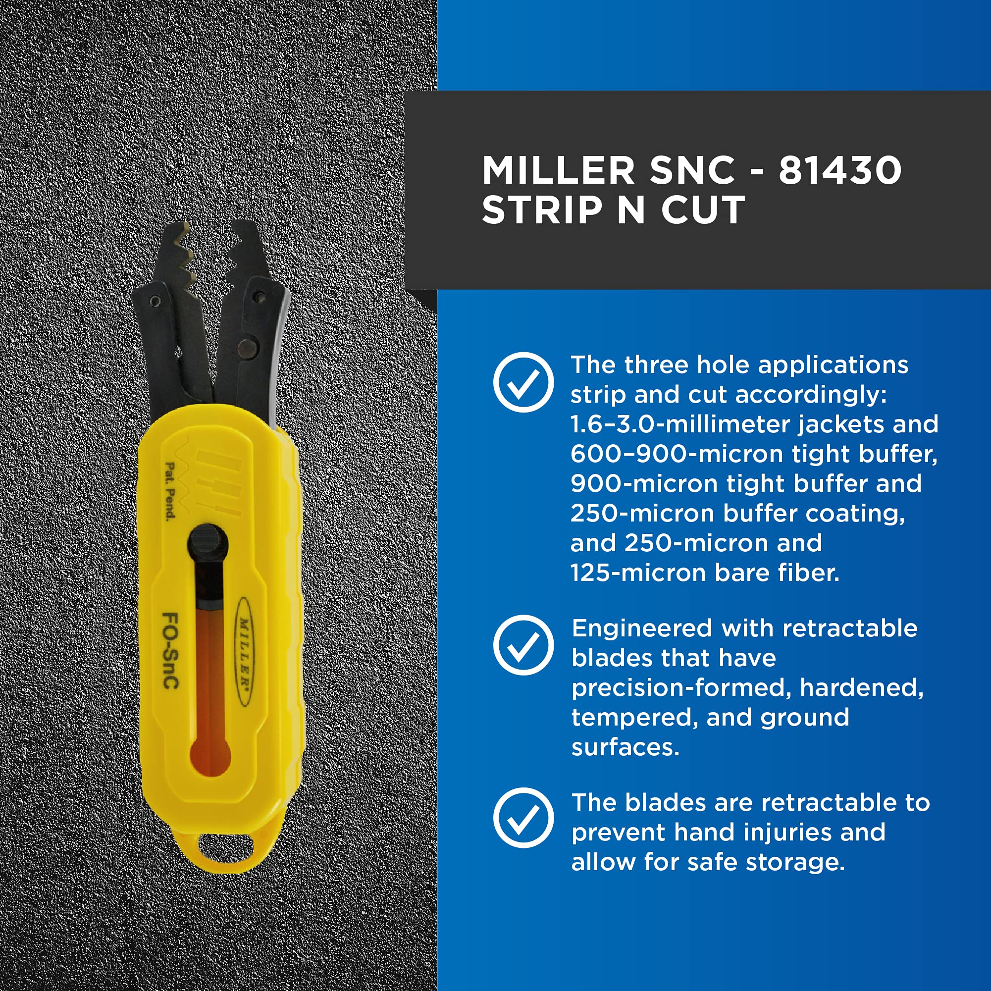 Miller FO-SNC Strip and Cut Fiber Optic Cutting and Stripping Tool, Easily Portable Tool for Professional Technicians, Electricians, and Installers, 3 Ounces