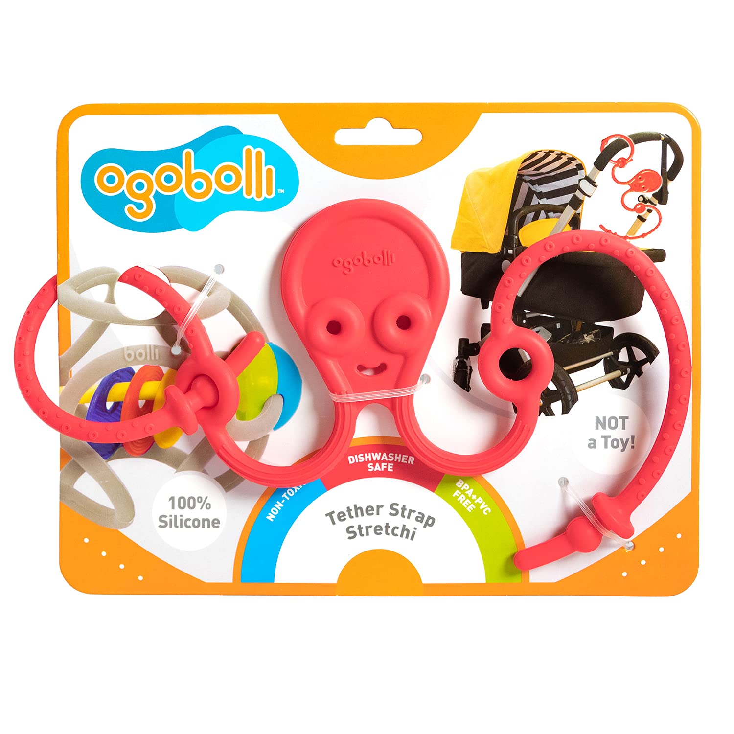 Ogobolli Stretchi Tether Strap Clip for Baby Toys & More - Secure Toys to Car Seats, Strollers, Highchairs, Cribs, Etc - Silicone - Safe, Non-Toxic - RED