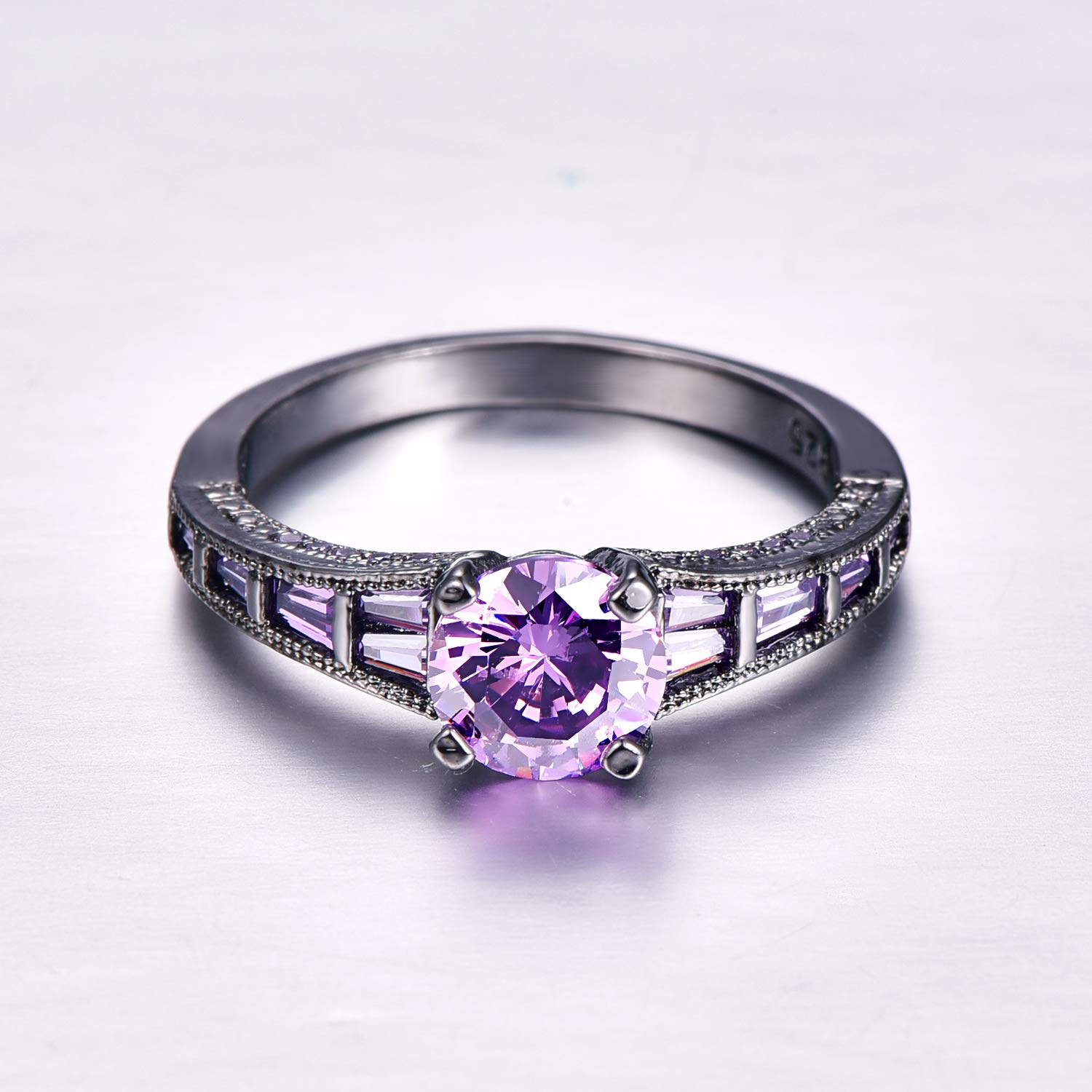Narica Black Gold Plated Women's Antique Ring Retro Oxidized Finished Round Cut Created Amethyst CZ Cubic Zirconia Filled Engagement Promise Wedding Vintage Band for Mom Lover 8#