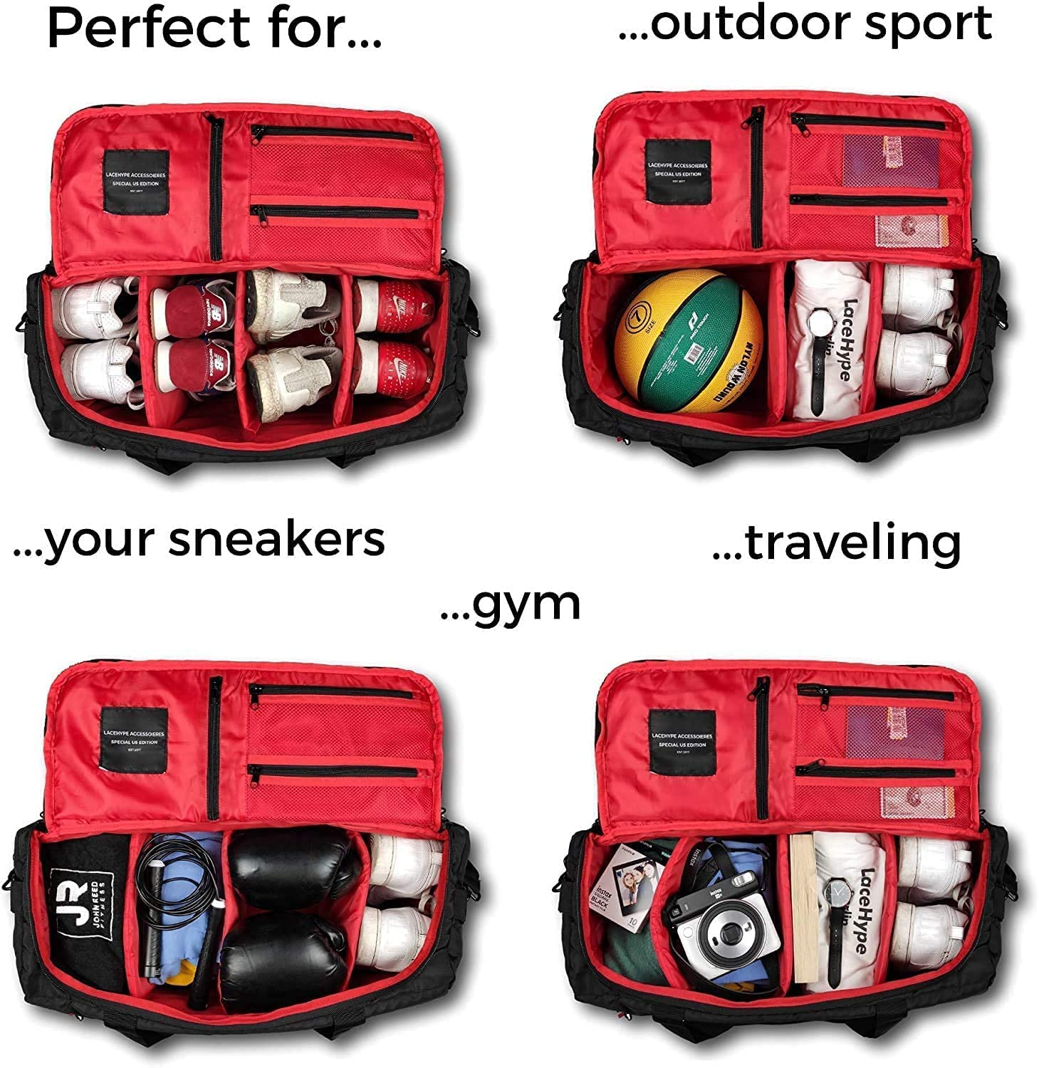 PREMIUM Sneaker Bag, Duffel Bag, Gym Training Bag, Travel Bag, Basketball Bag, Footbal Bag with 3 adjustable compartment dividers (Red/Black)