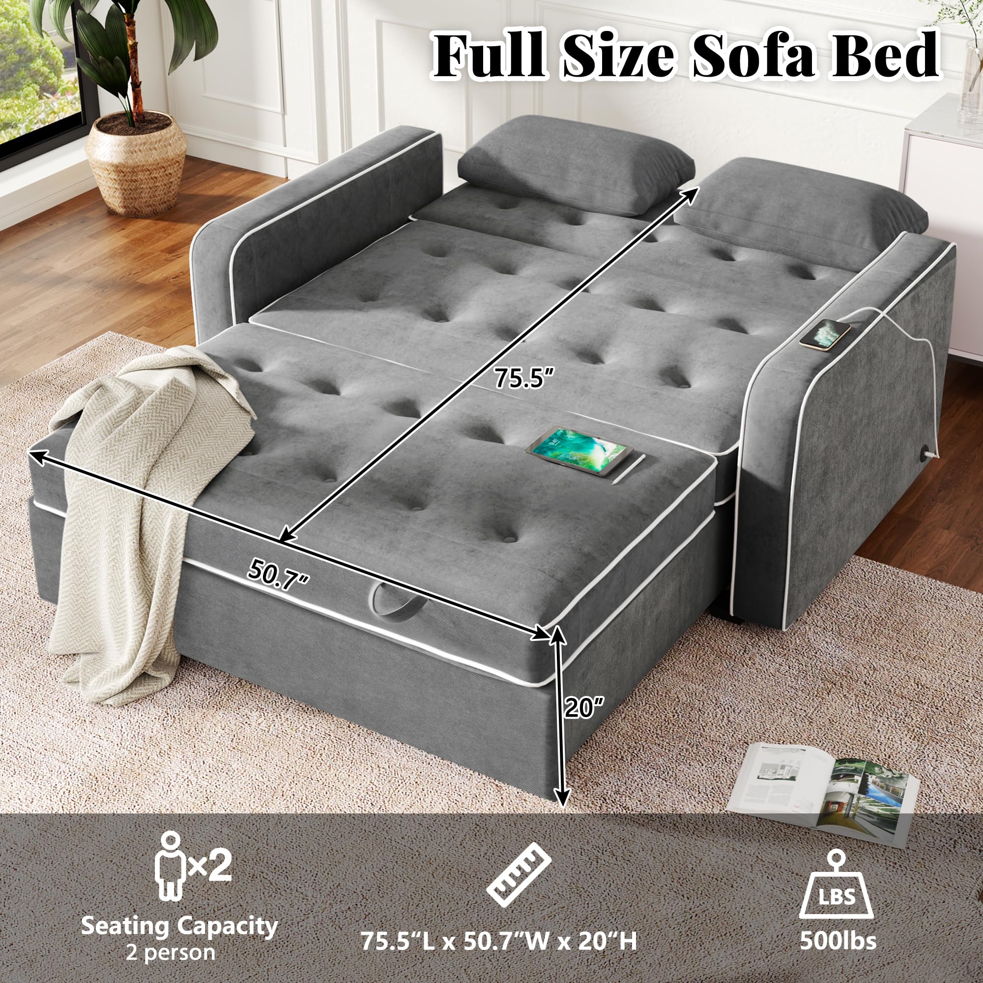 P PURLOVE Upholstered Modern Sofa Bed with Armrest, Convertible Sofa Couch with Adjustable Backrest and Dual USB Charging Port, Sleeper Bed for Living Room, Bedroom, Office, Charcoal Gray
