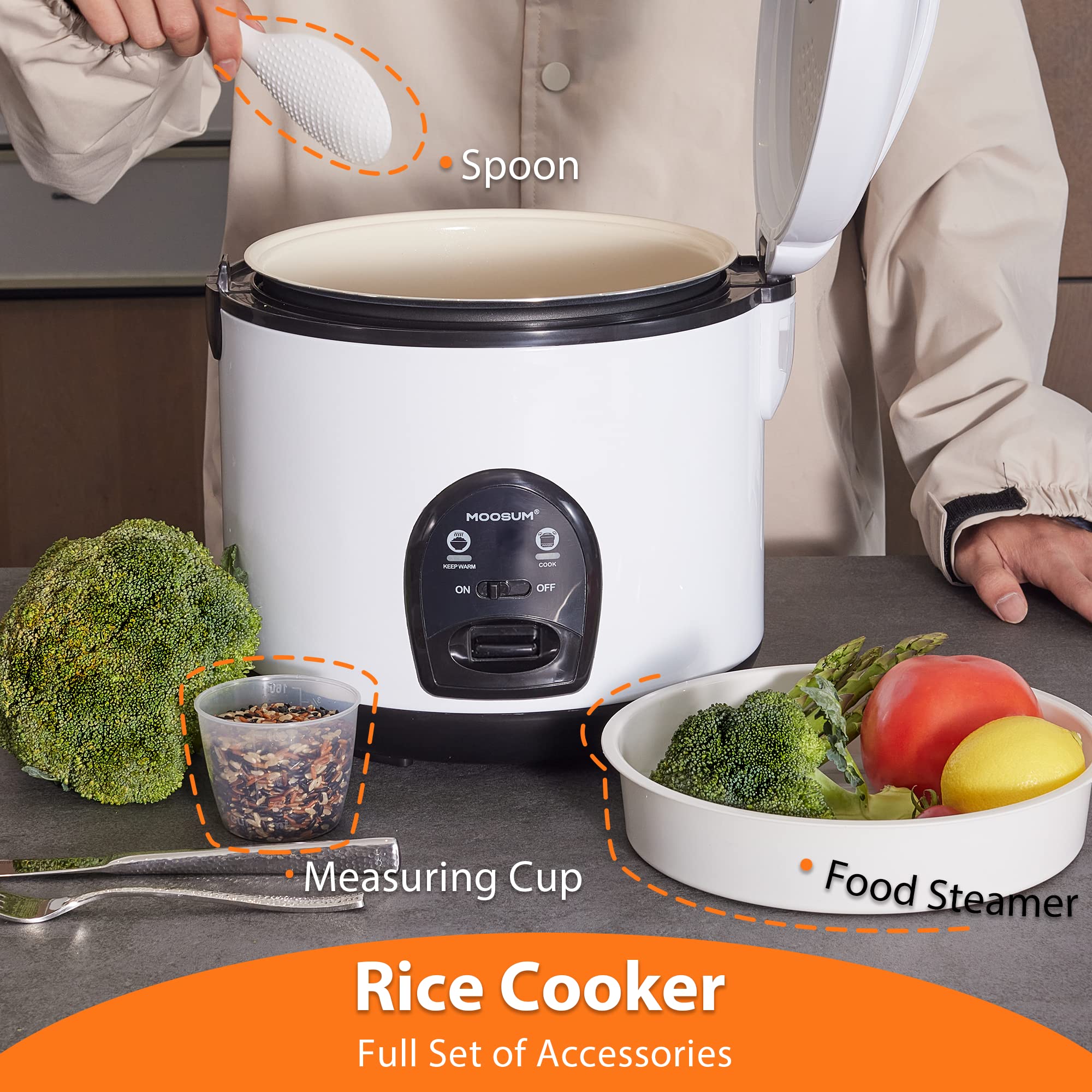 Moosum Rice Cooker Maker 5-Cup(Uncooked) with Steamer, Ceramic coating, BPA Free, Small capacity, White