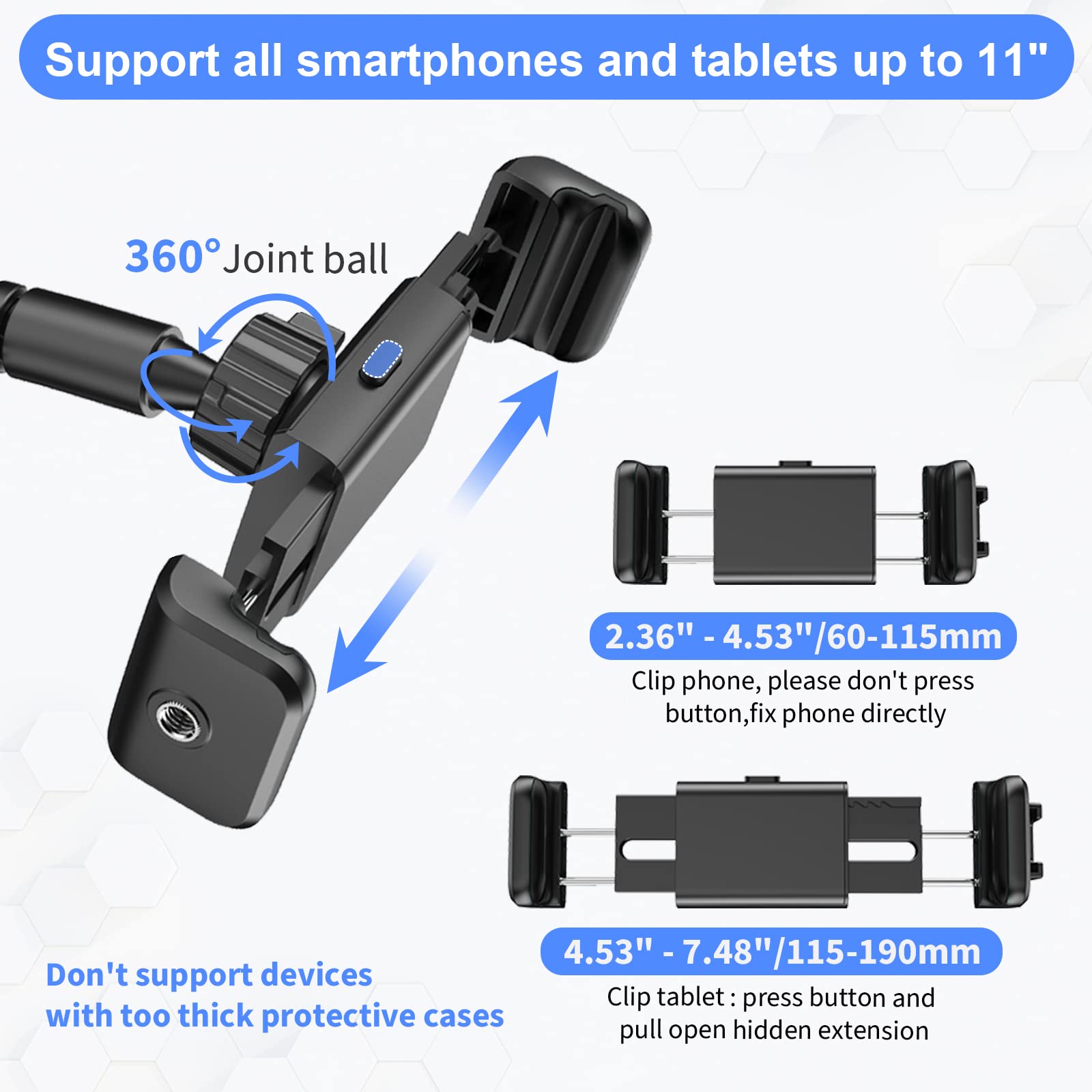 UHIKY 4.6"-11" Phone & Tablet Bed Holder with Wireless Remote,gooseneck Cellphone Stand,Flexible Overhead Mount clamp Clip for Desk Bedside headboard, Recording Filming, for iPhone/iPad/Tablet/Kindle