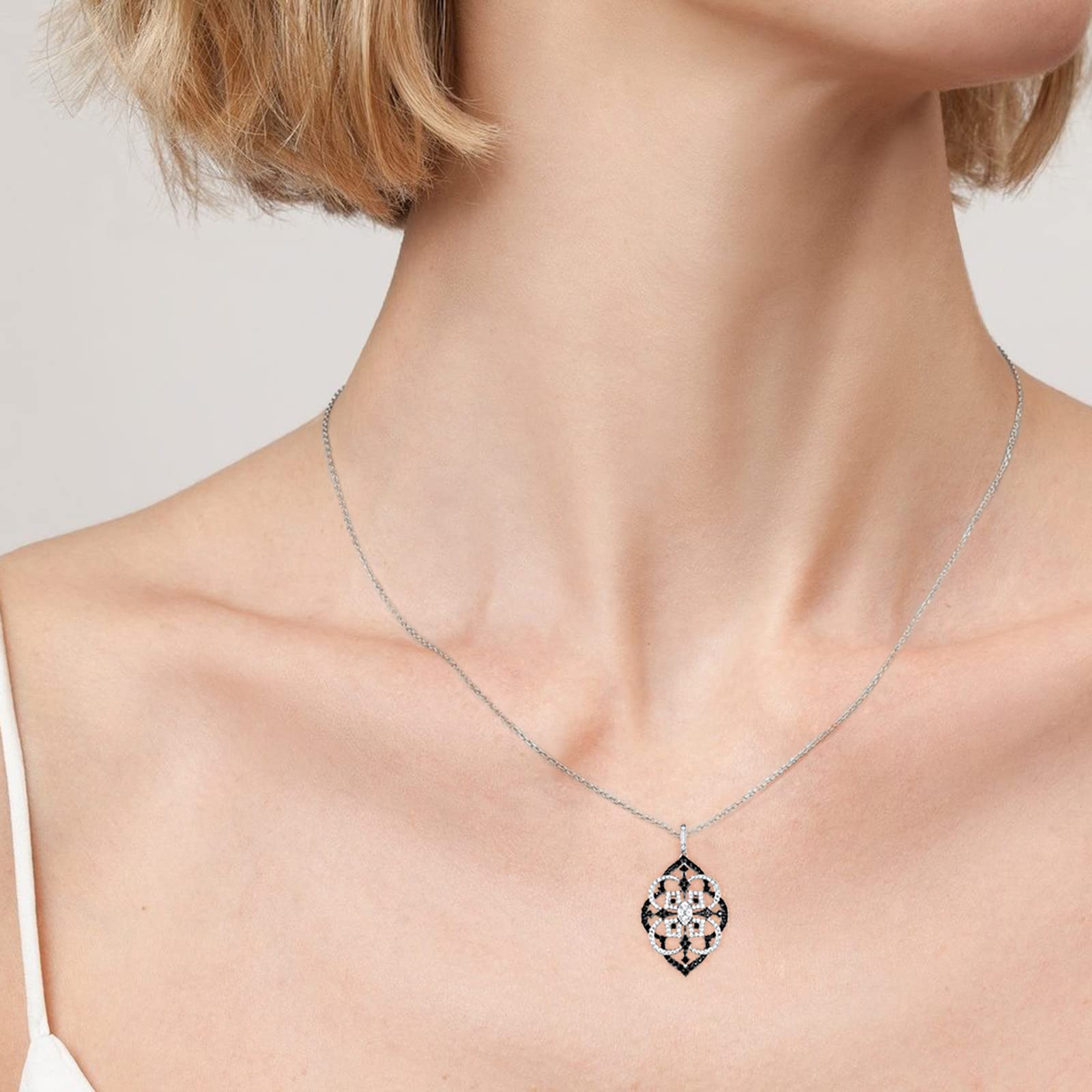 Santuzza 925 Sterling Silver Kaleidoscope Pendant Black Spinel Cubic Zirconia Rhombus Pendant for Women