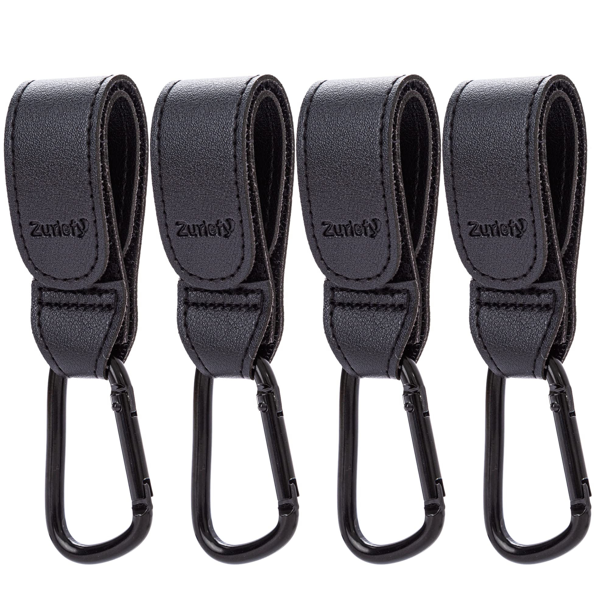 ZURLEFY 4 Pcs Baby Stroller Hooks for Hanging Diaper Bag, Multipurpose Leather Mommy Stroller Clips and Hooks for Shopping Bags (Black Hook)