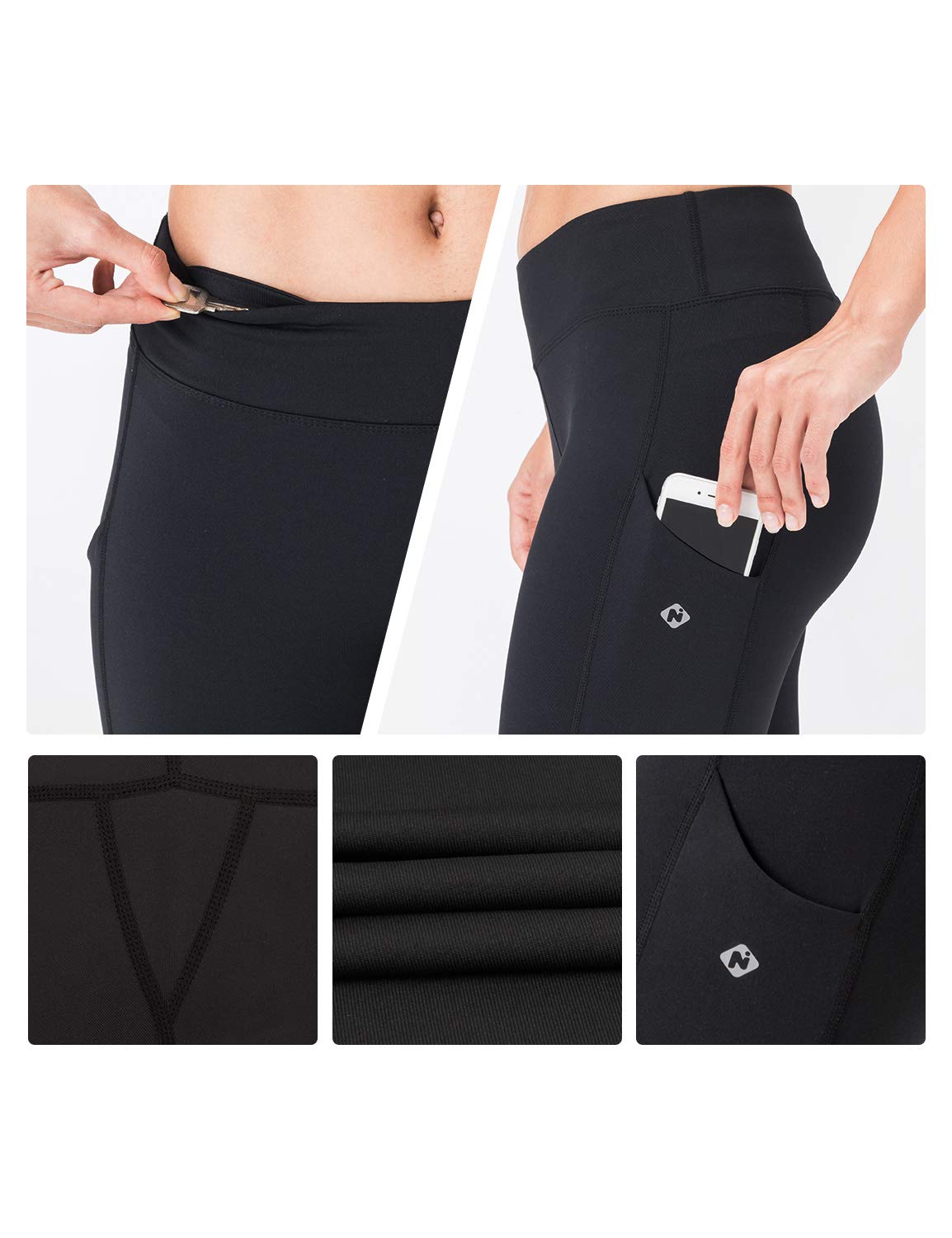 NAVISKIN Women's Yoga Running Capri Leggings Workout Outdoor Capri Pants Side Pockets Black Size L