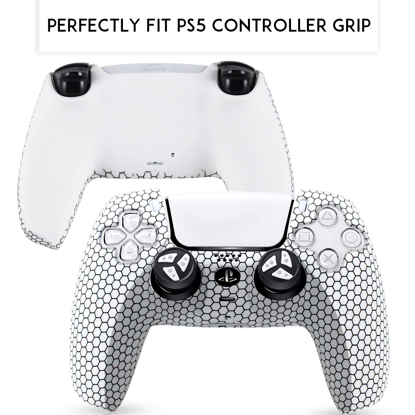 SIKEMAY PlayStation5 Controller Cover Skin Case, Anti-Slip Thicken Silicone Protective, Perfectly Compatible with PlayStation 5 Controller Grip with 10 x Thumb Grip Caps (Black-White Grid)