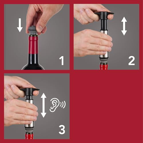 Vacu Vin Wine Saver Pump Stainless Steel with Vacuum Wine Stopper - Keep Your Wine Fresh for up to 10 Days - 1 Pump 1 Stopper - Reusable - Made in the Netherlands