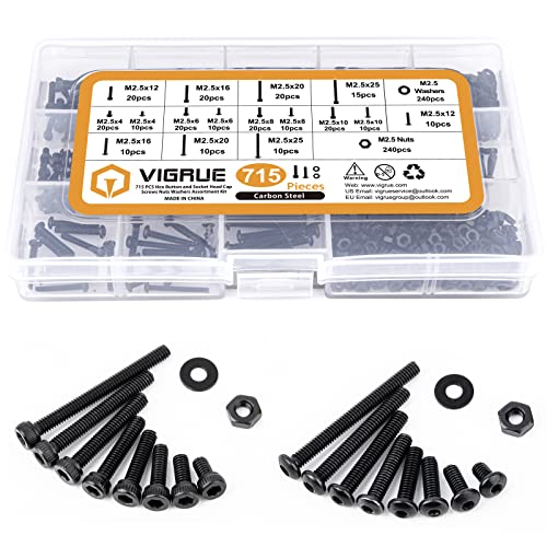 VIGRUE 715PCS M2.5 x 4/6/8/10/12/16/20/25mm Hex Button and Socket Head Cap Screws Nuts Washers Assortment Kit with Storage Box, 12.9 Grade Alloy Steel Black