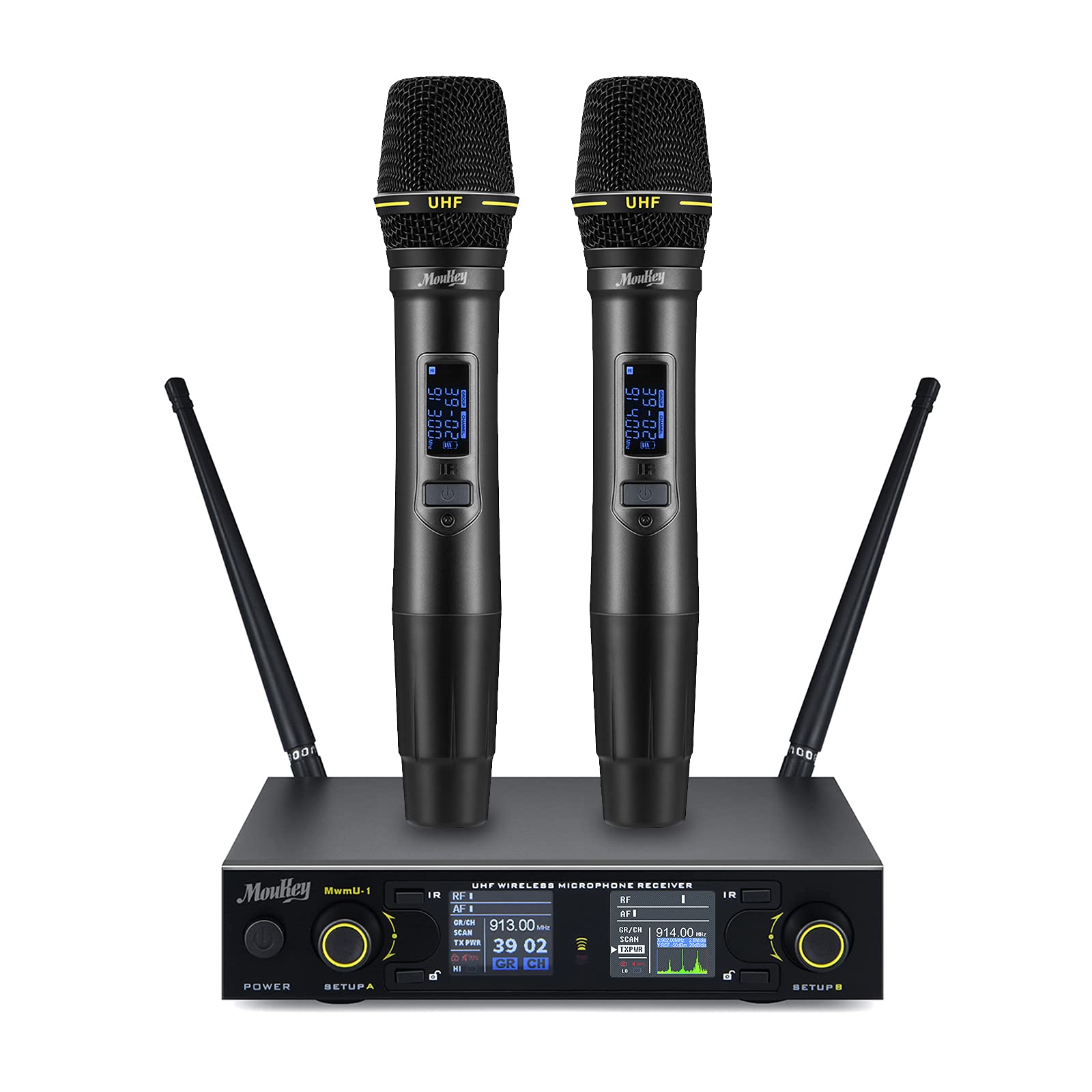 Moukey Wireless Microphone, 260 Channels Dual Handheld Dynamic Karaoke Microphone, Anti-Interference, 262ft Range, UHF Mics for Karaoke/Voice Amplifier/PA System/DJ/Church