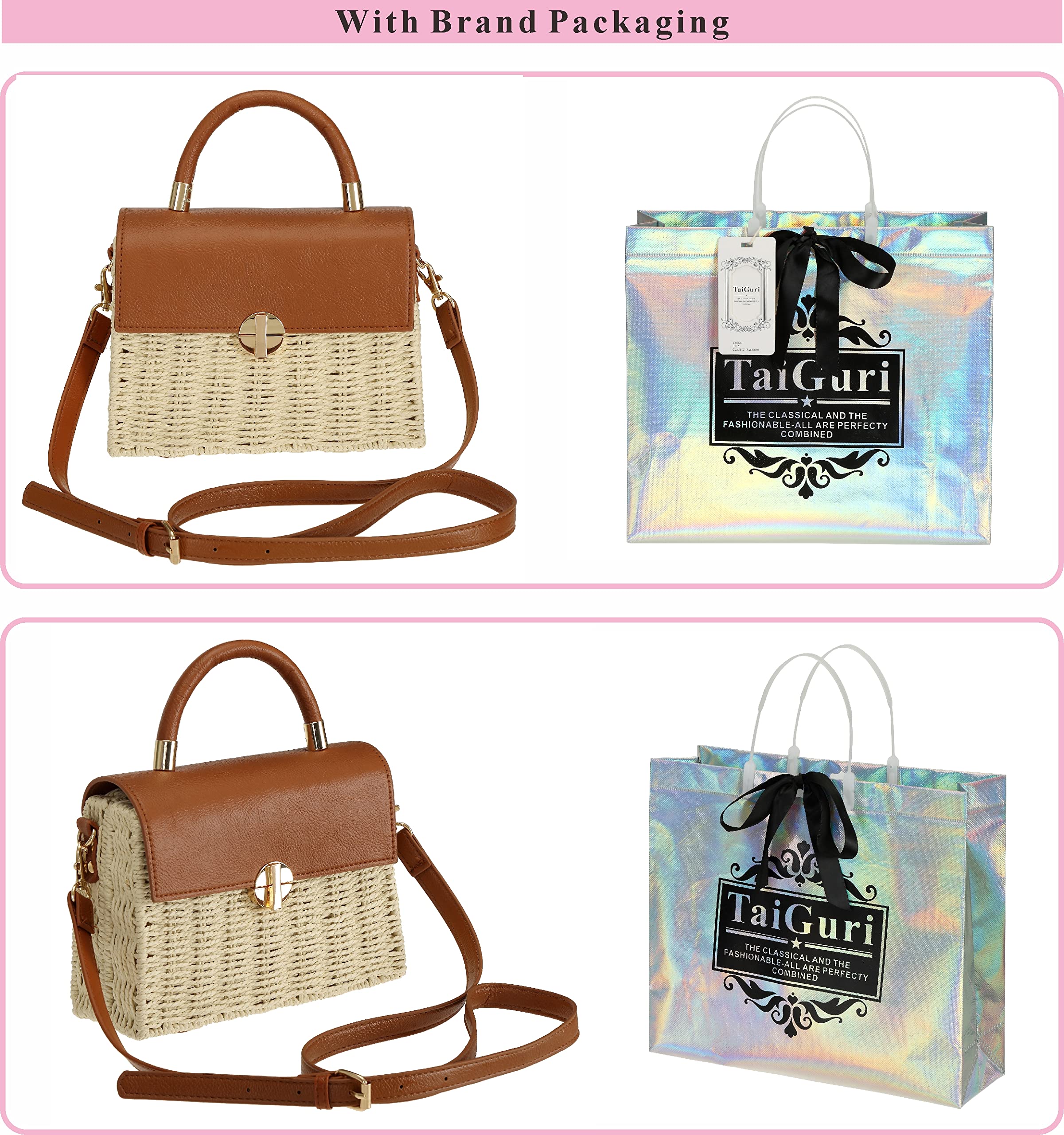 TaiGuri Women's Handmade Straw Rattan Woven Purse Top Handle Tote Shoulder Bag Handbag, Beige, Medium