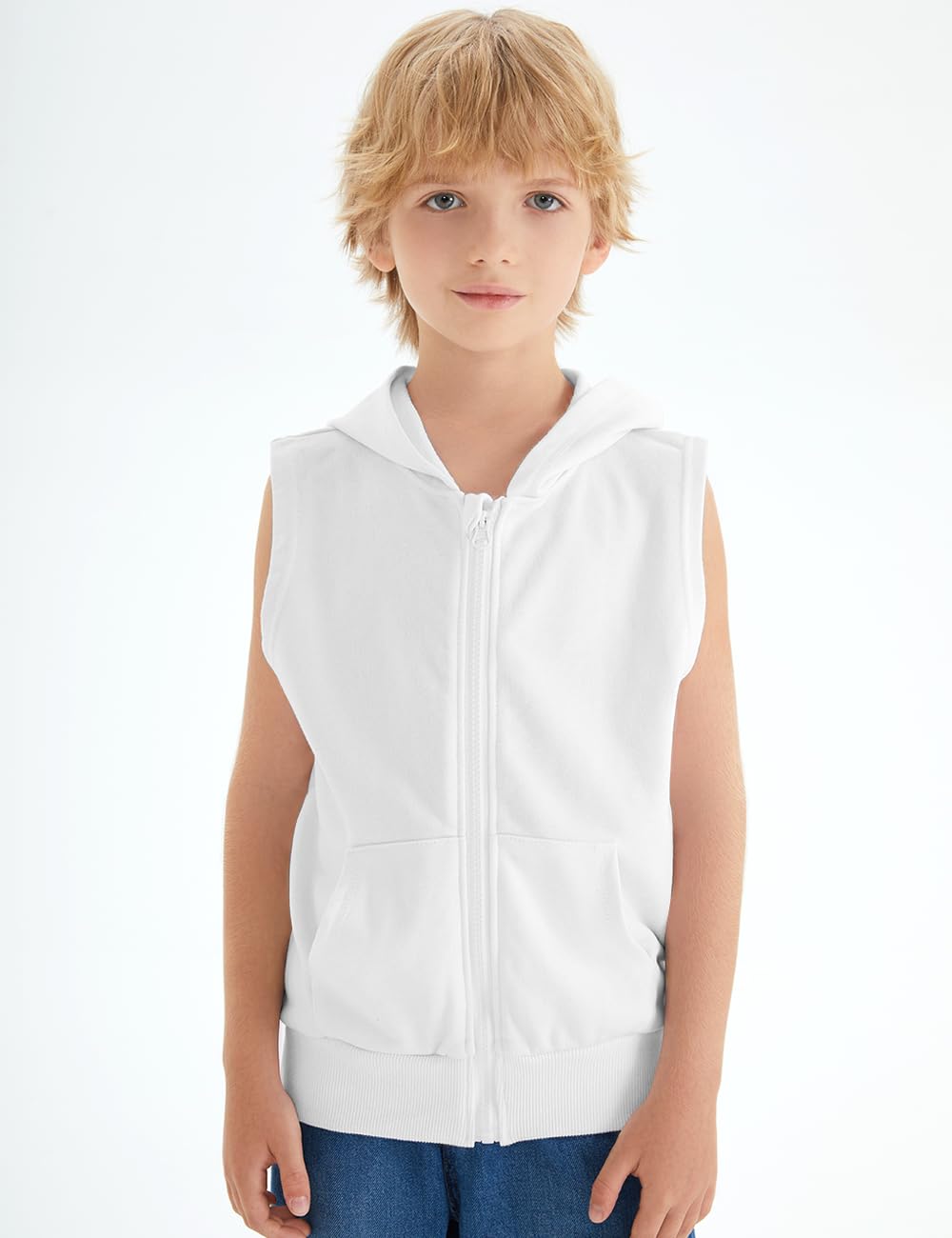 Spring&Gege Boys’ Full Zip Sleeveless Hooded Vest Basic Solid Zipper Tank Tops Hoodie with Pockets, White, Size 3-4 Years