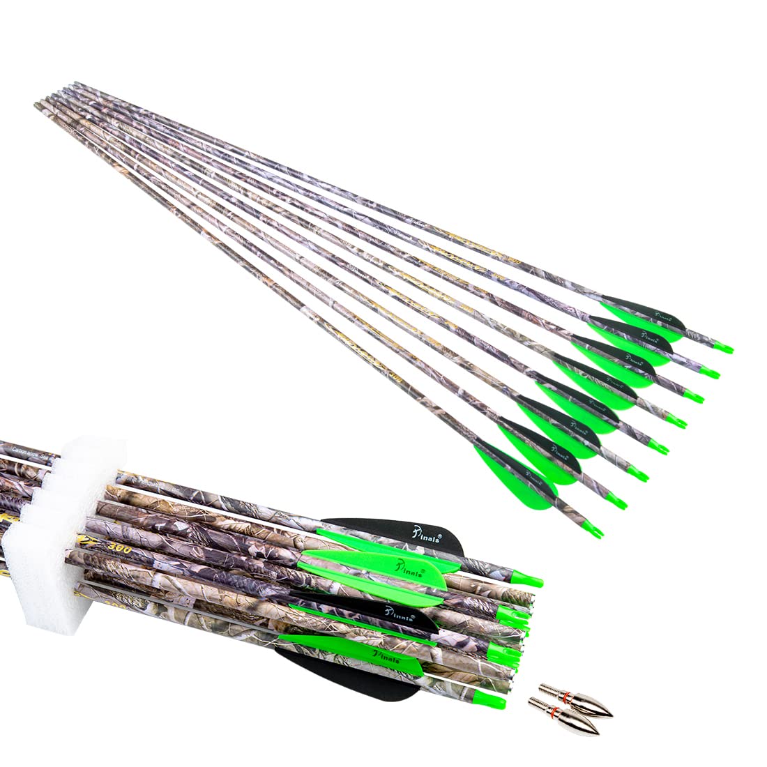 Pinals Archery 28" 30" 300 340 350 400 Spine Carbon Hunting Arrows for Compound Recurve Bow Practice Target 30 Inch Camo Arrow Shaft Pack of 12PCS Green 340