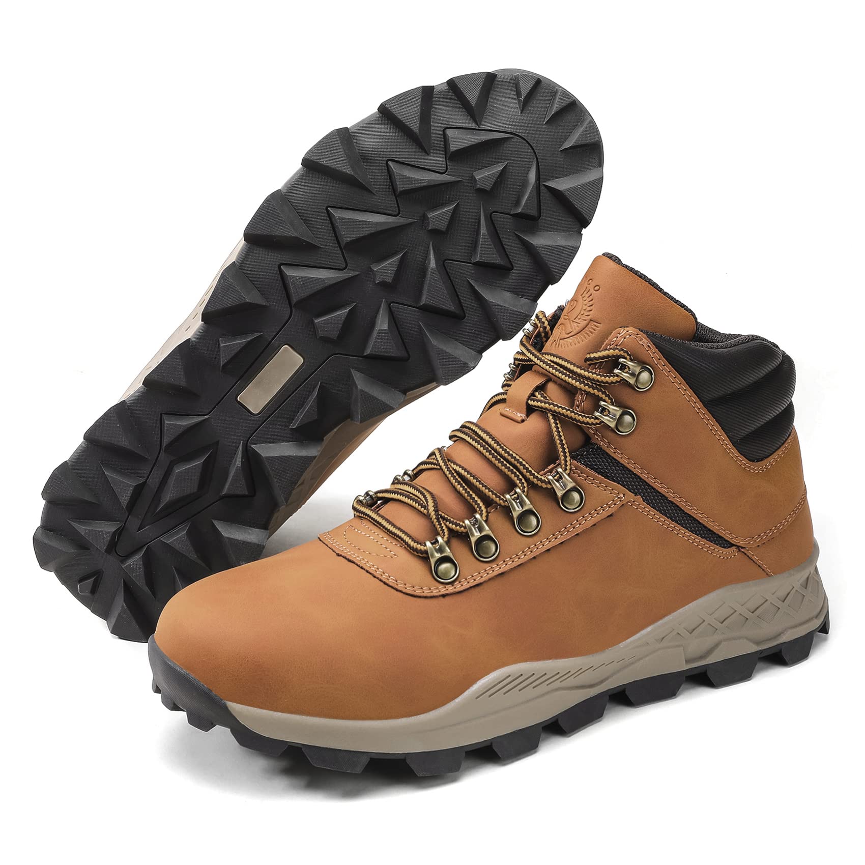 SPOSENS Mens Hiking Boots Lightweight Non Slip Work Boots for Men Water Resistant Ankle Snow Boots Man Mid Hiking Shoe Outdoor Brown, 9.5