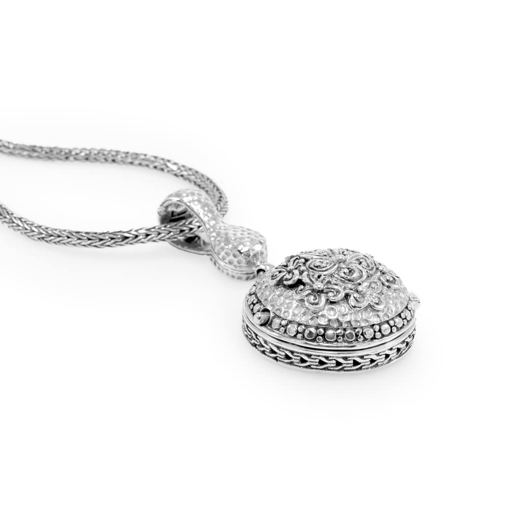 SARDA - .925 Sterling Silver 2" x 1" Frangipani Flower Hammered Chain Link Jawan Round Domed Locket Enhancer Pendant - Handmade by Bali Artisans