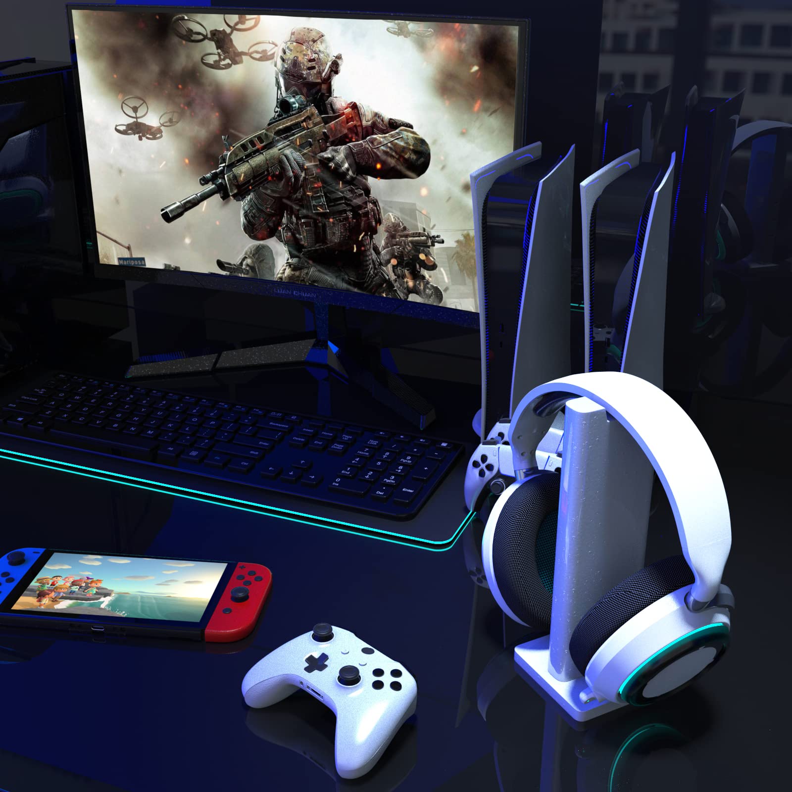 targeal 7.1 Surround Sound Gaming Headset for PS5, PS4, Switch, PC, Laptop, Tablet, Mobile Phone - USB Wired Gamer Headphone with Noise Canceling Mic - 4 Modes RGB - White Headset with C Cable
